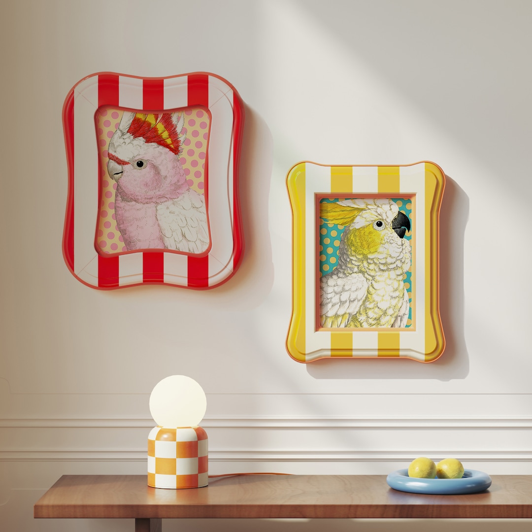 Set of 2 Matching Vintage Parrots on Spotty Background: Fun Bright ...