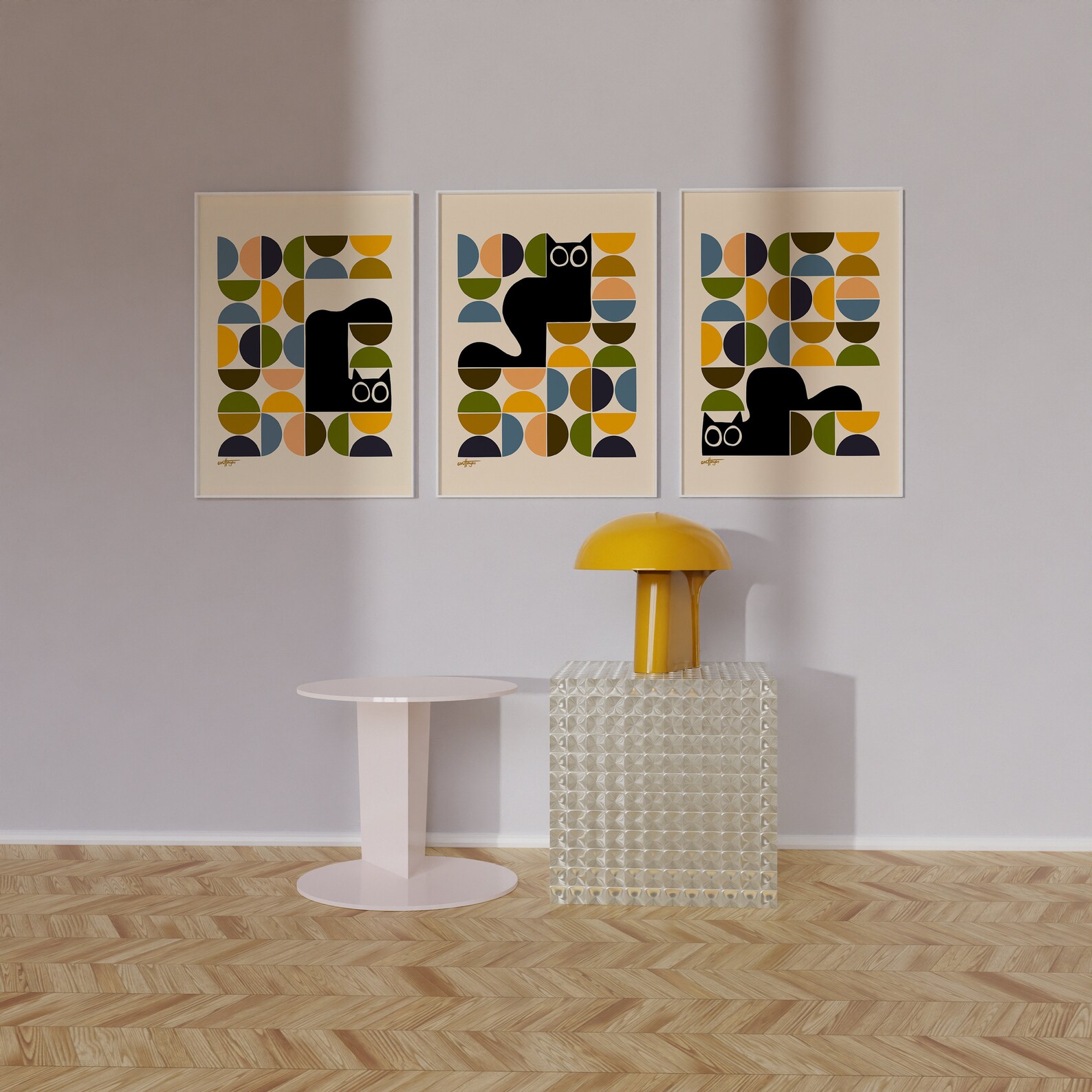 Mid Century Modern Black Cat in Colorful Retro Bauhaus Pattern - Choose ...