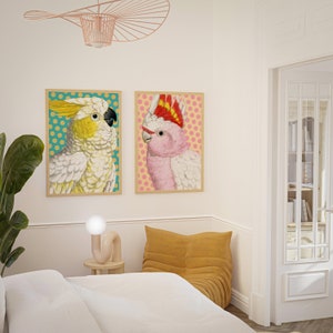 Set of 2 Matching Vintage Parrots on Spotty Background: Fun Bright ...