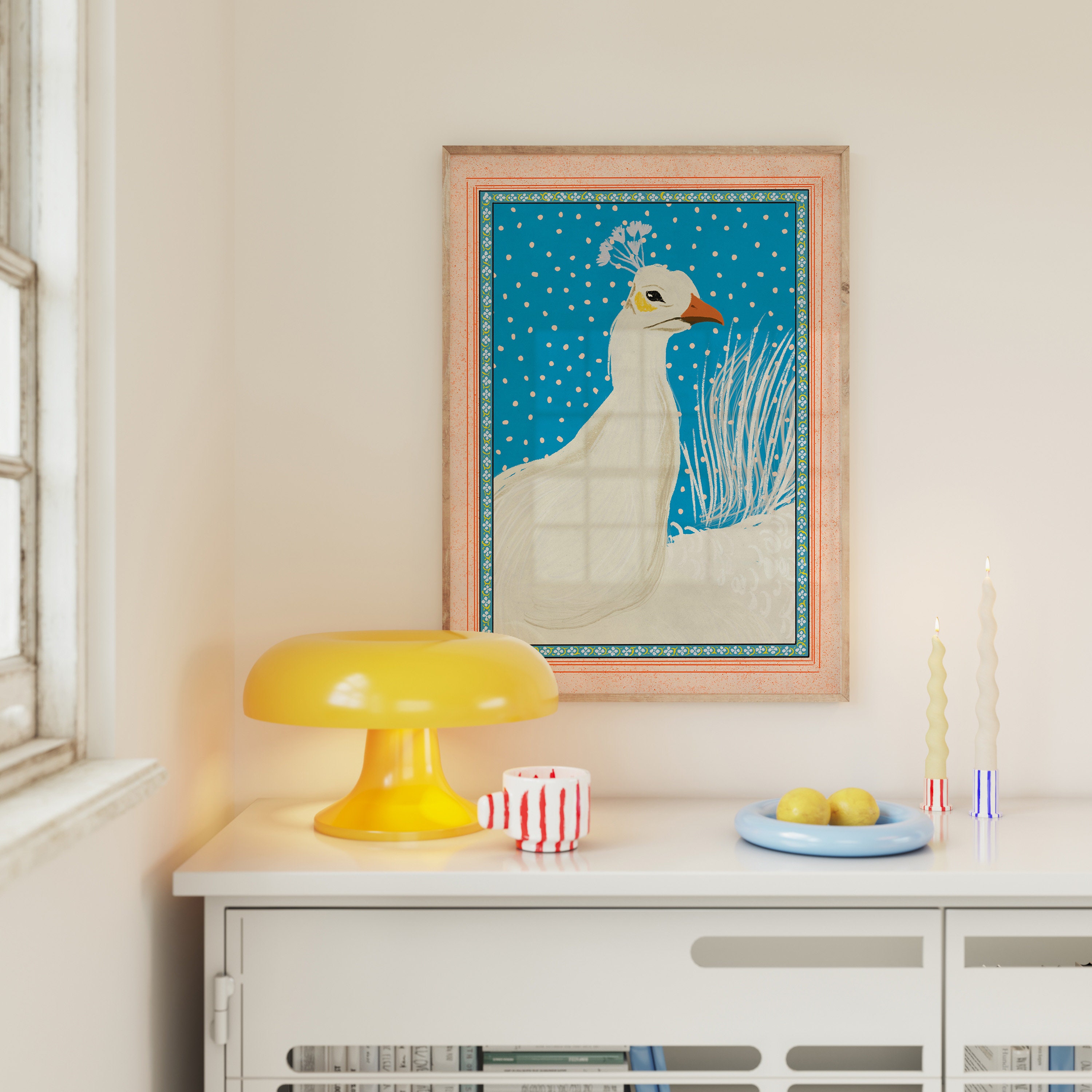 Pretty White Peacock Head on Polkadot Background in Illustrated Flower ...