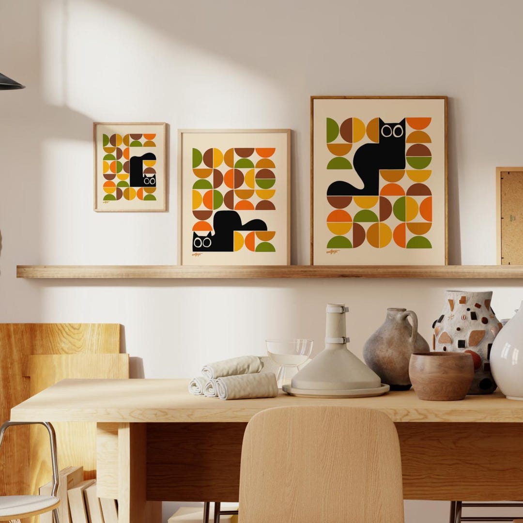 Mid Century Modern Black Cat in Colorful Retro Bauhaus Pattern - Choose ...