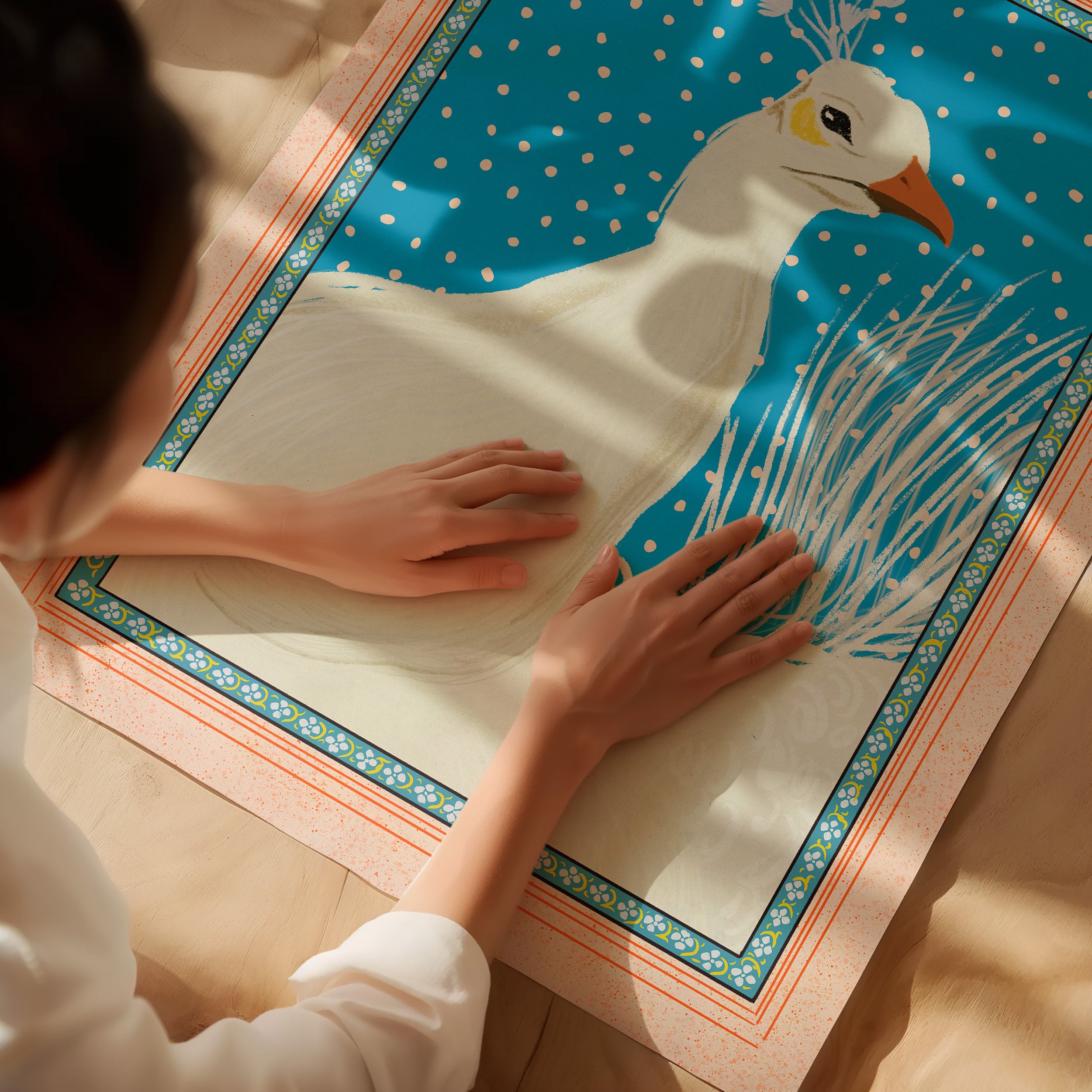 Pretty White Peacock Head on Polkadot Background in Illustrated Flower ...