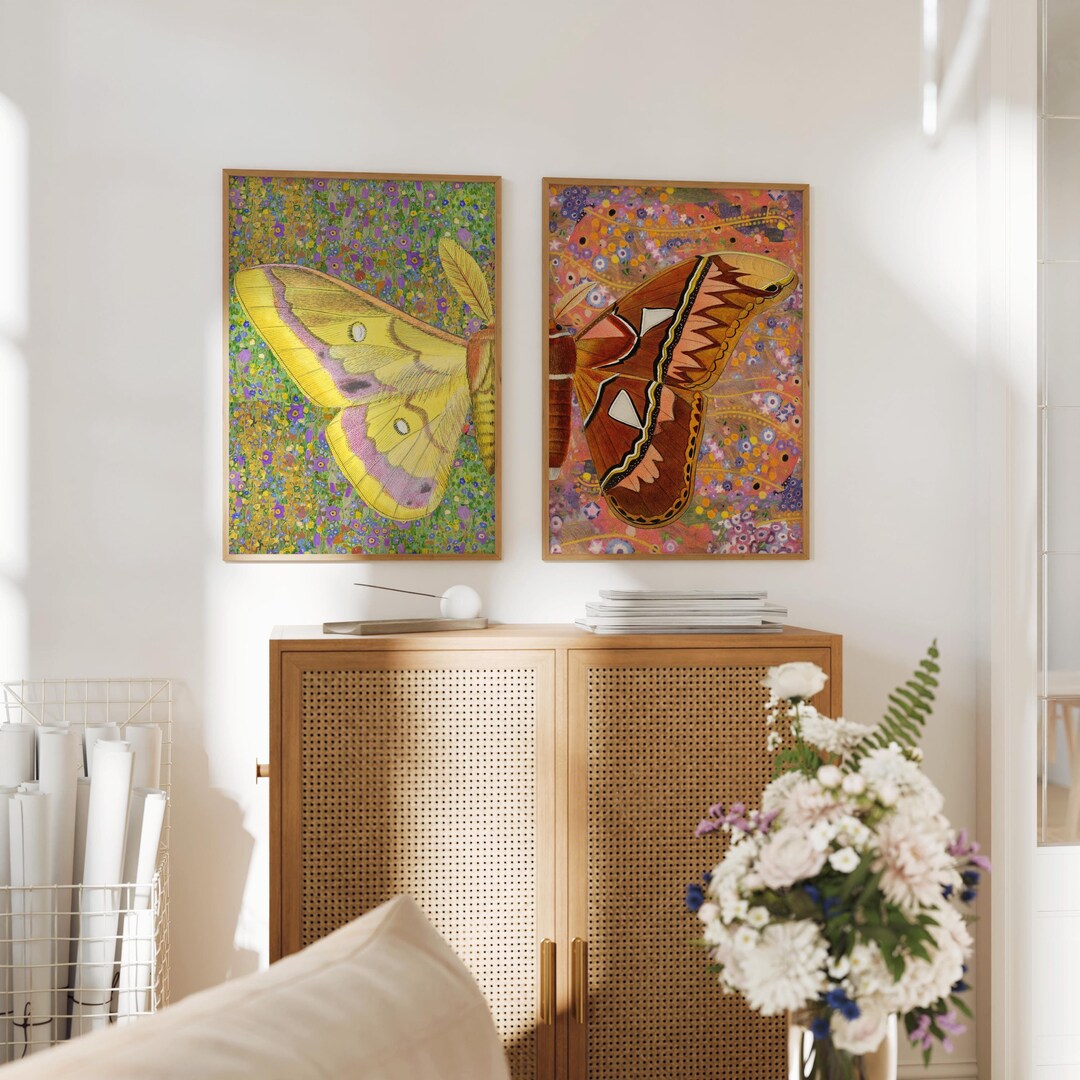 Set of 2 Colorful Moths on Busy Floral Background, Maximalist Statement ...