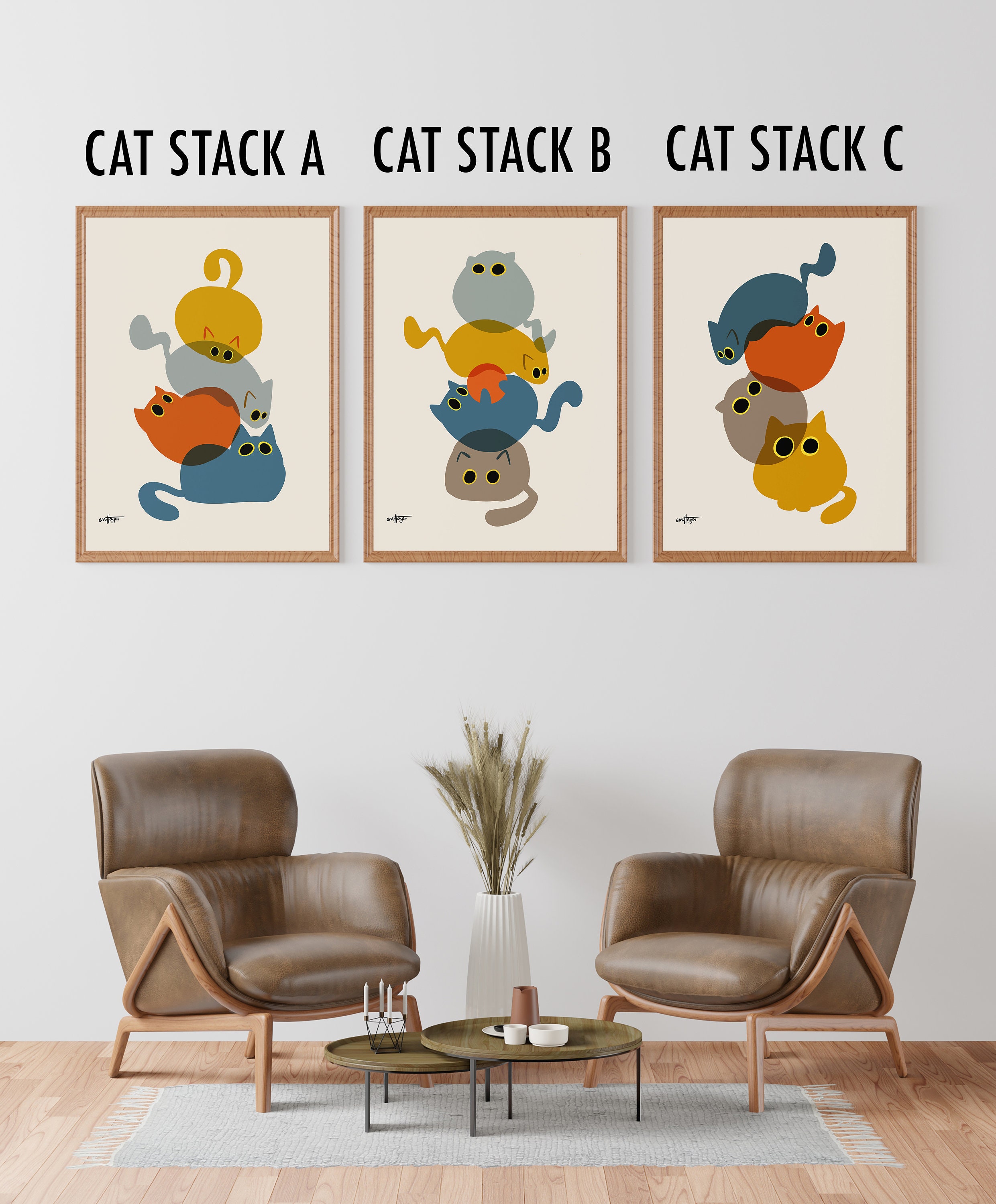 Mid Century Modern Cat Stack, Choose Whole Set or Individual Prints ...