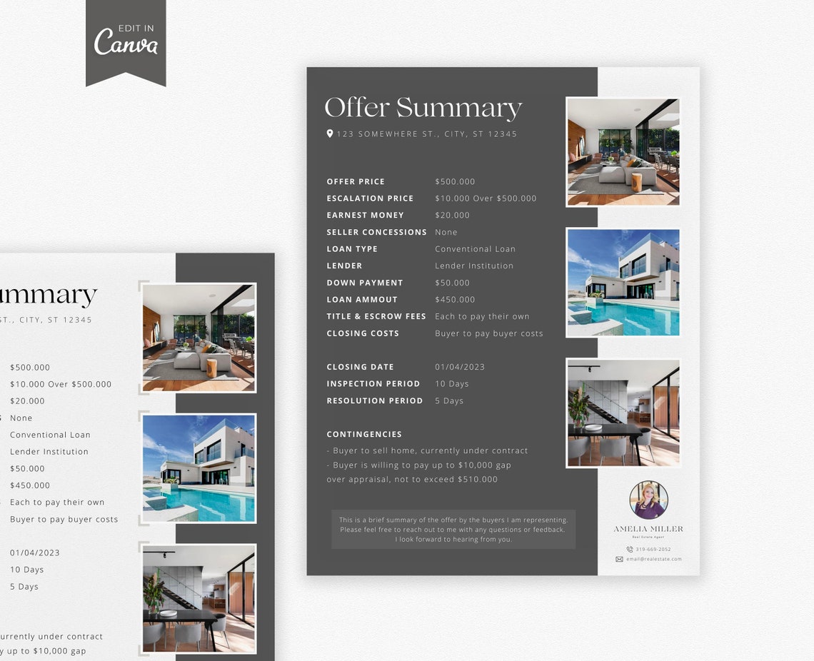 Offer Summary Sheet, Canva Template, Real Estate Cover Sheet, Real ...