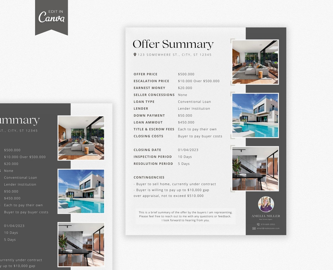 Offer Summary Sheet, Canva Template, Real Estate Cover Sheet, Real ...