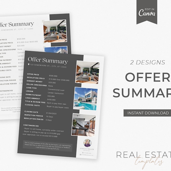 Real Estate Offer Summary Template - Etsy