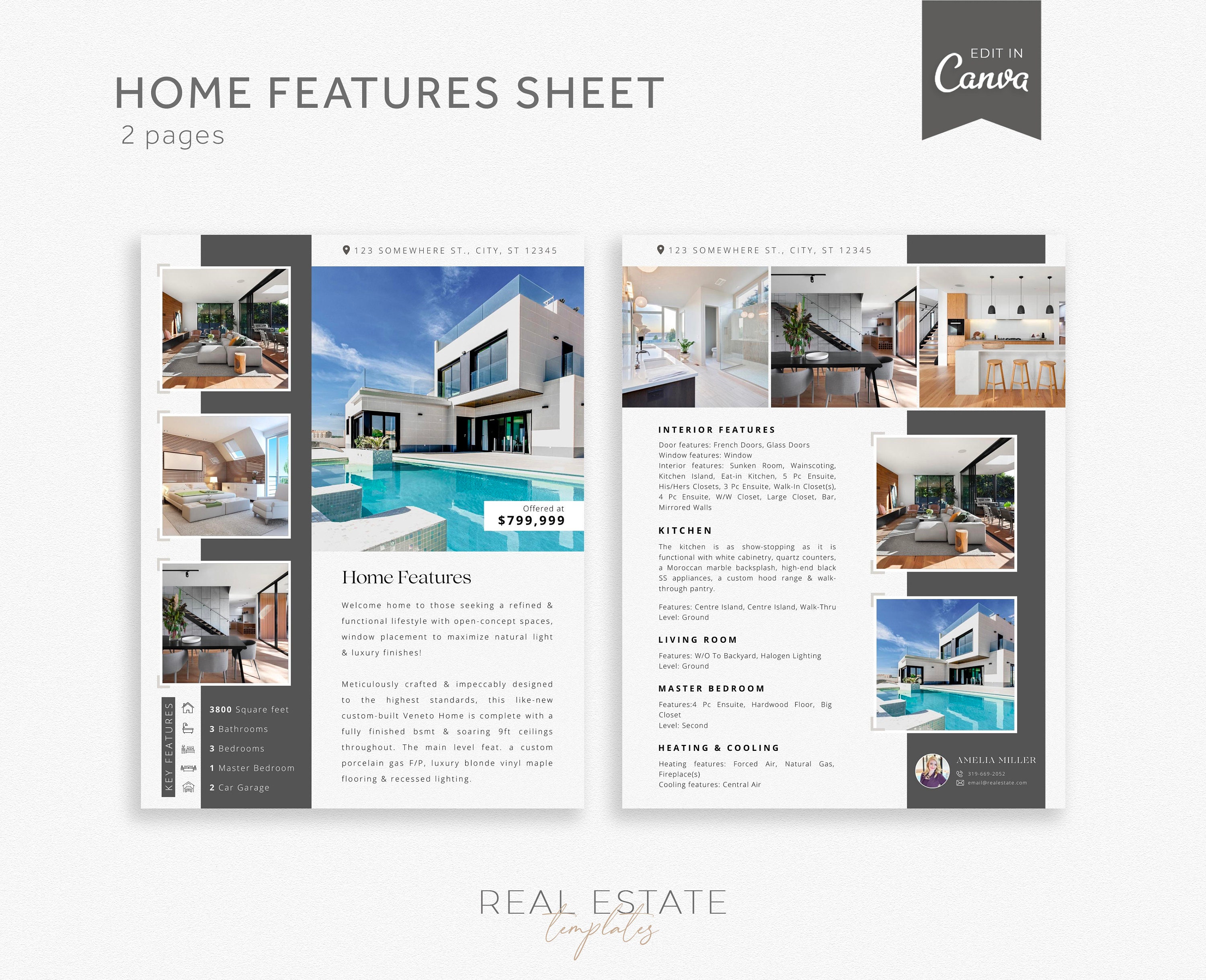 Home Feature Sheet, Real Estate Flyer Template, Canva Template, Just ...