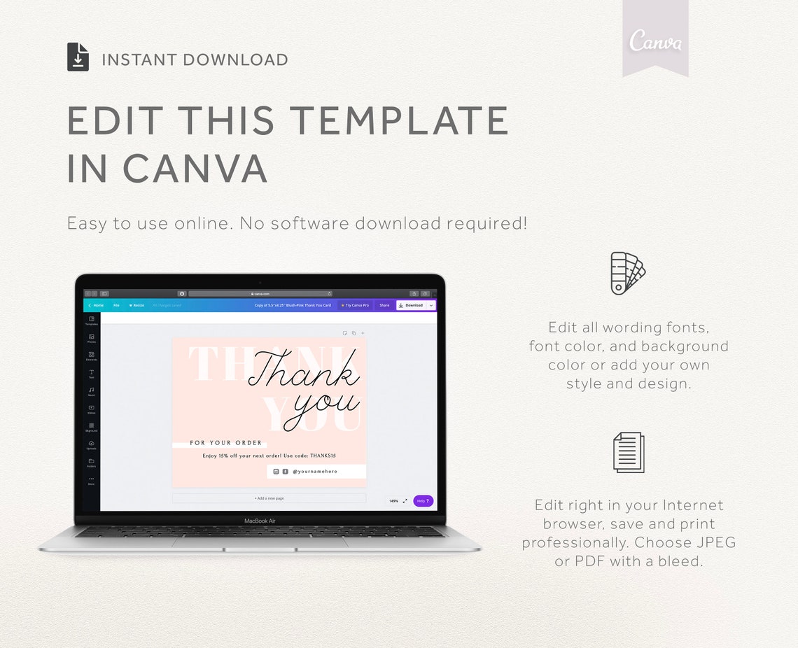 Thank You Card Canva Template, Printable, Blush Pink, Editable Business ...