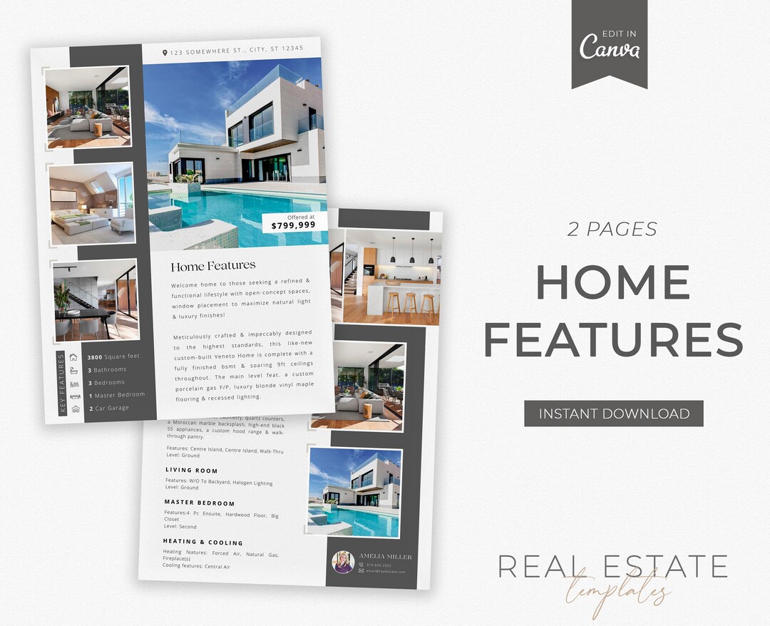 Home Feature Sheet, Real Estate Flyer Template, Canva Template, Just ...