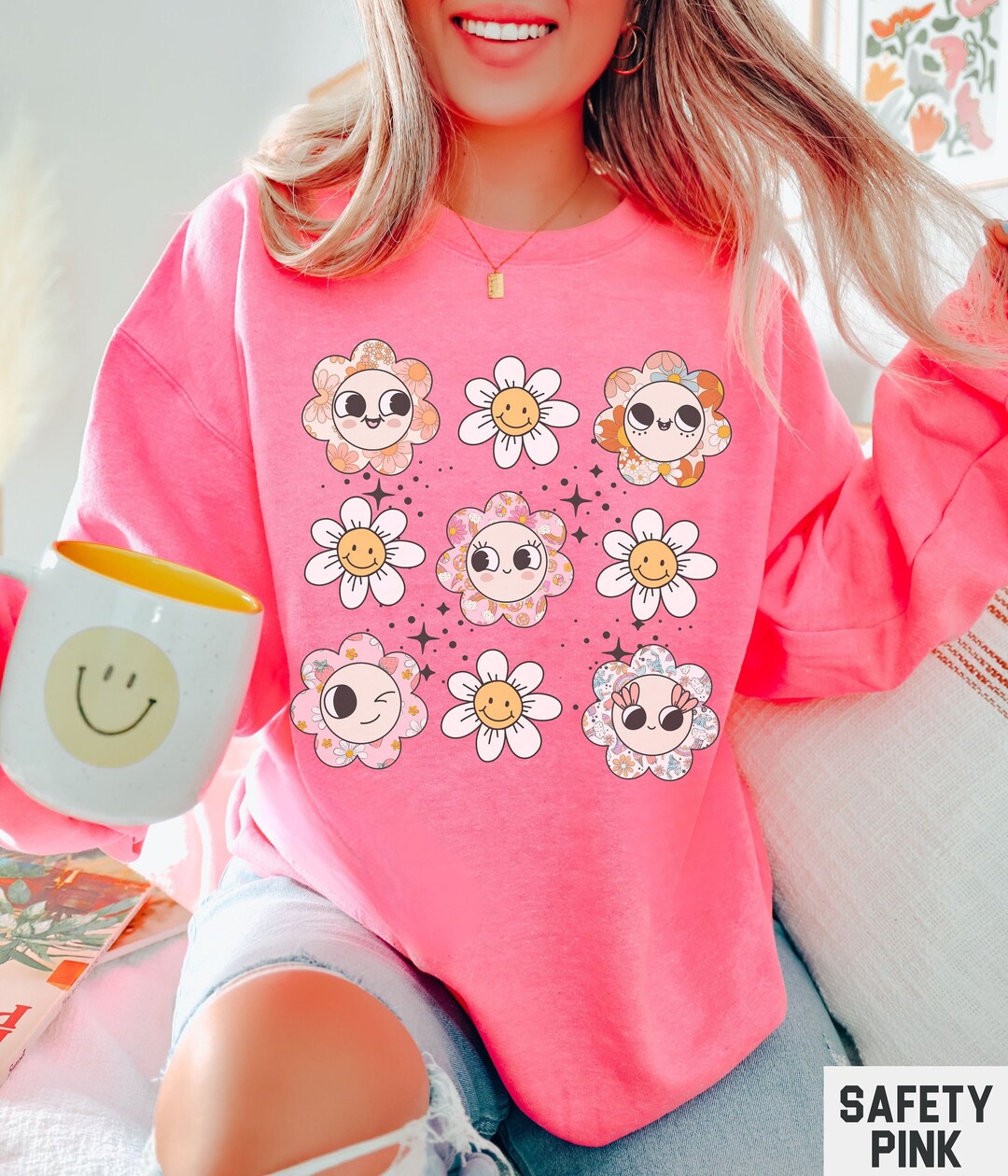 Smiley Face Sweatshirt, Retro Smiling Daisy Flower Shirt, Trendy Boho ...