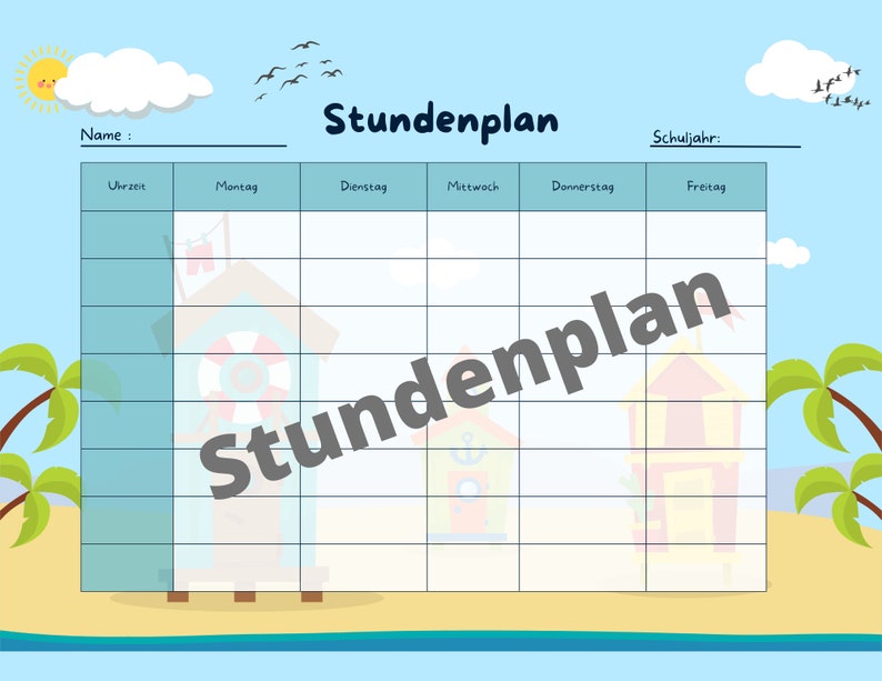 German Printable Lesson Plan for Kids Stundenplan Beach - Etsy Singapore