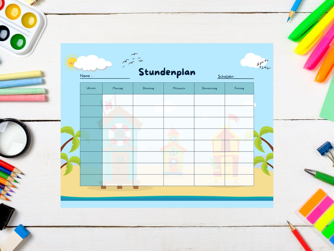 German Printable Lesson Plan for Kids - Stundenplan Beach - Etsy