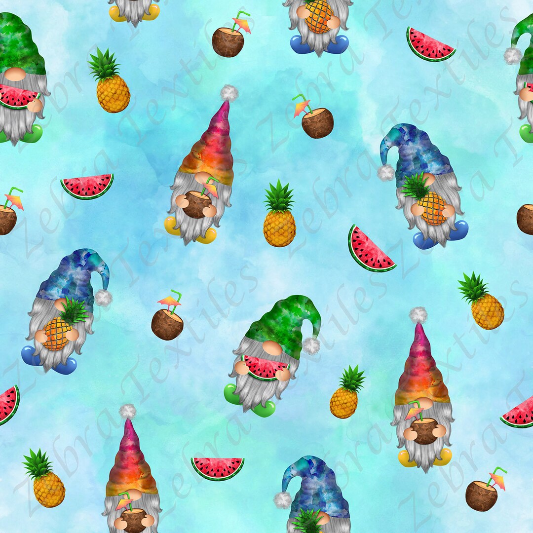 Summer Gnome Aqua Cloud Background, Seamless Pattern, Bird, Flowers ...