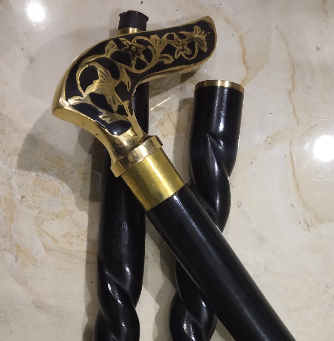 Walking Stick Wooden Cane Spiral Design Brass Handle 3 Fold Black Color ...