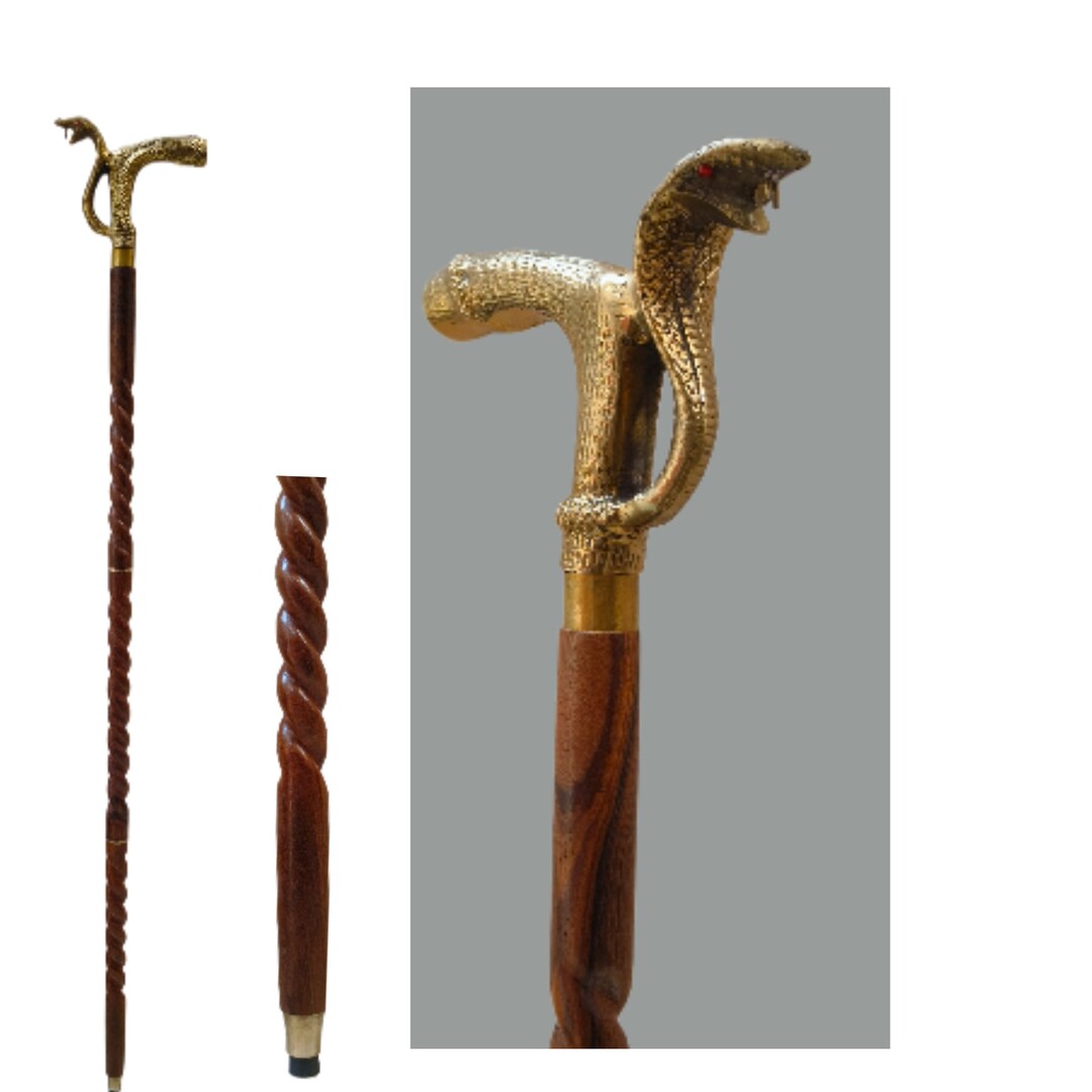 Walking Stick With Brass Snake Head Handle,wooden Cane ,spiral Design ...