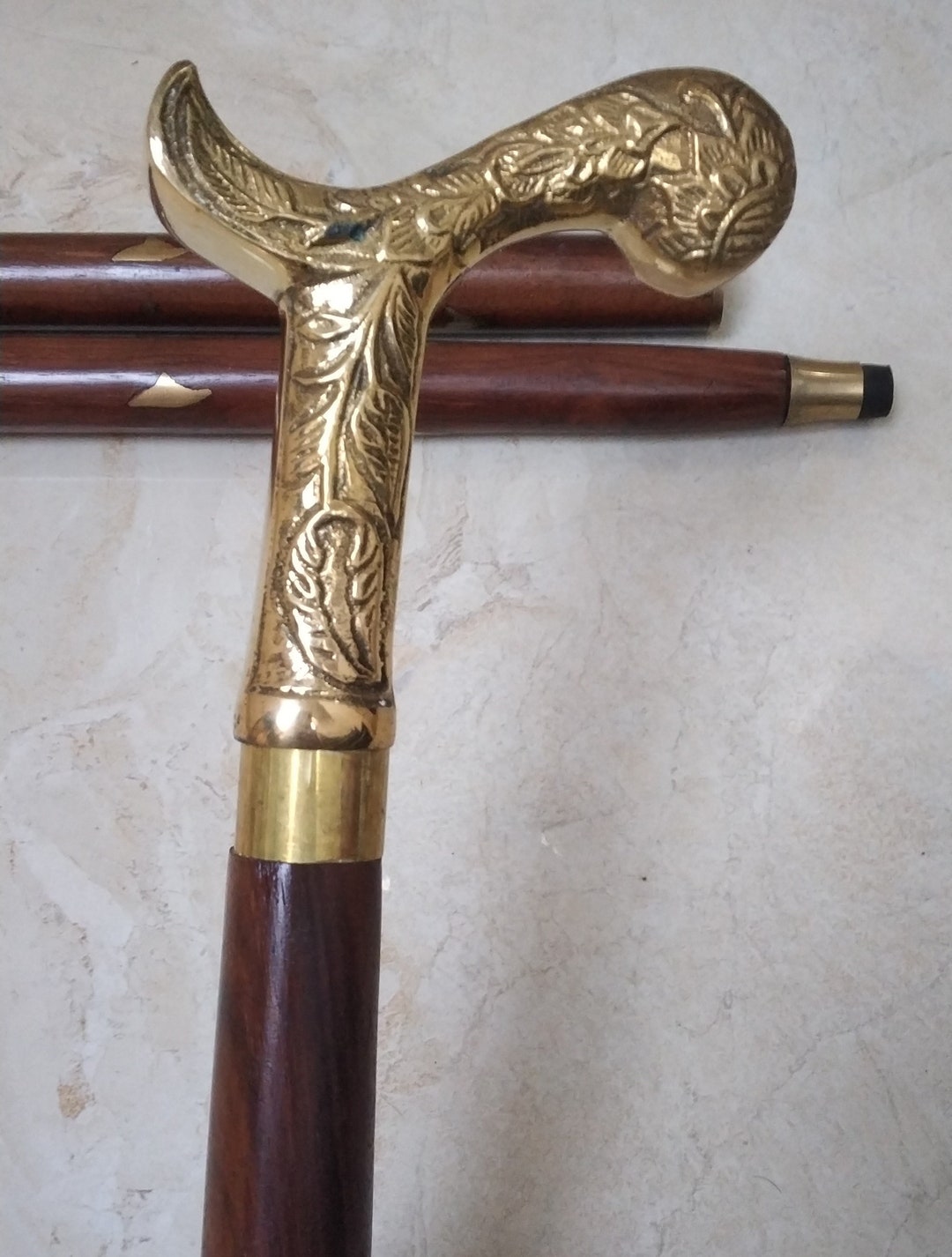 Brass Handle Wooden Stick Walking Cane - Threefold Use for Men & Women ...