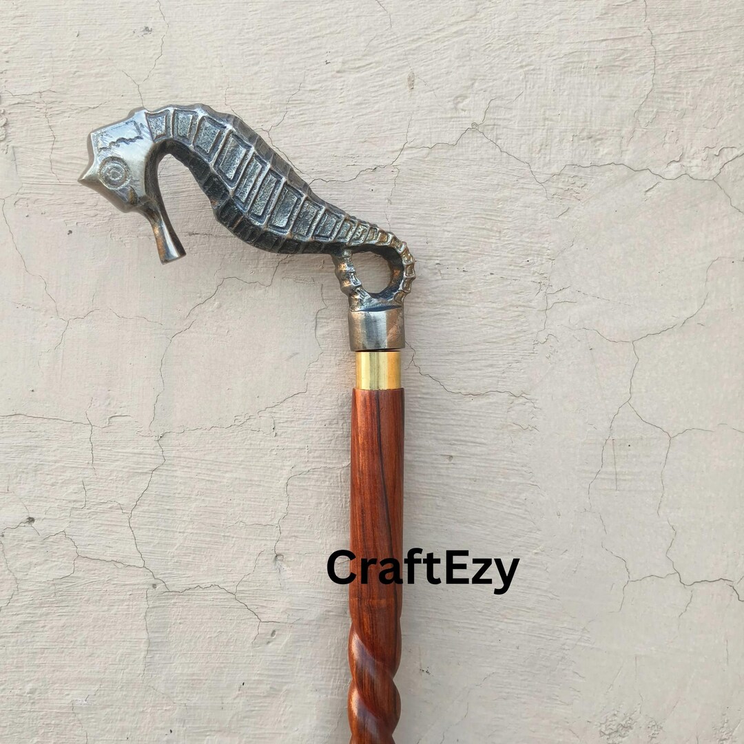 Walking Stick Wooden Cane Spiral Design Brown Color Seahorse Handle 3 ...