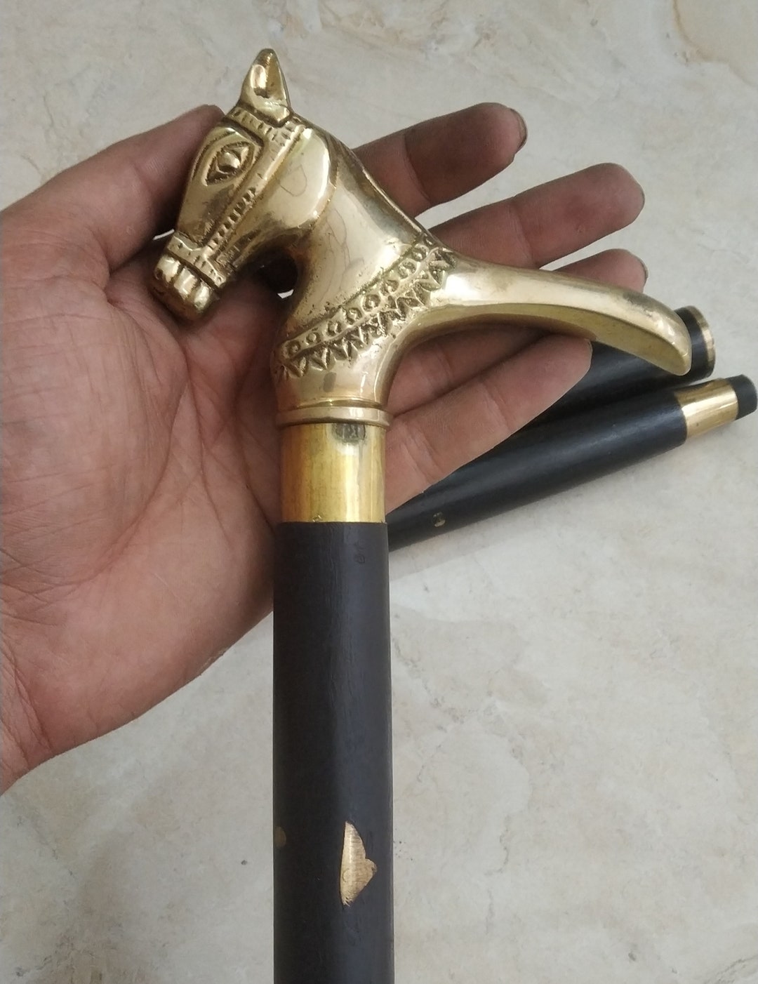Walking Stick Wood Cane Brass Handle in Shaped Horse Use for Travels ...