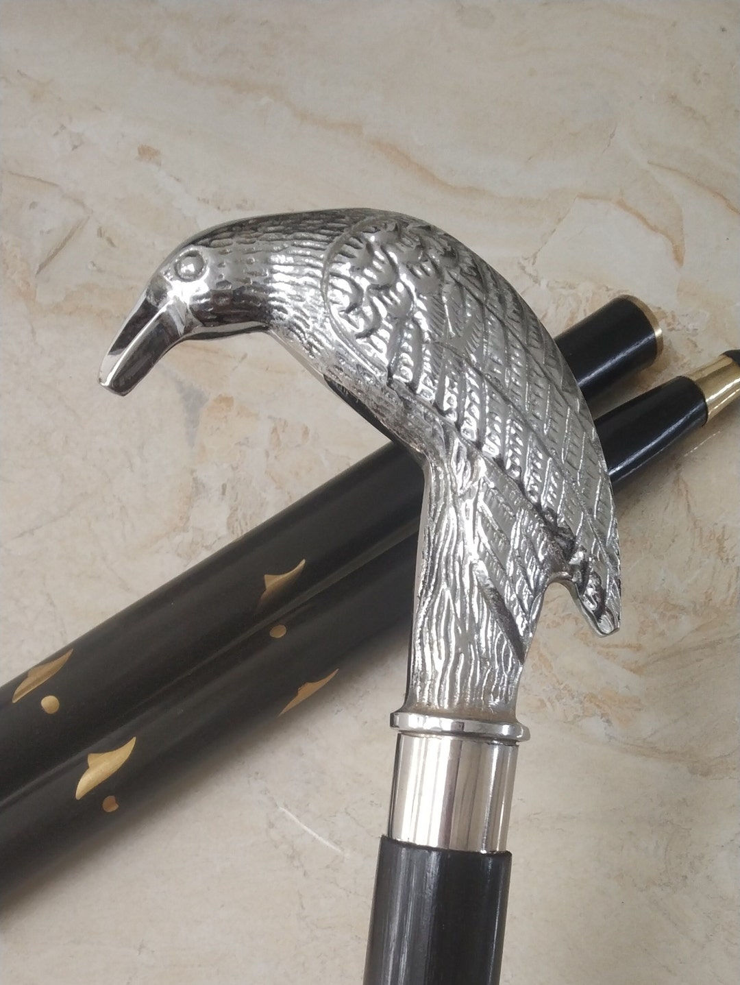 Wooden Walking Stick With Crow-shaped Bird Handle, Enhanced by Brass ...