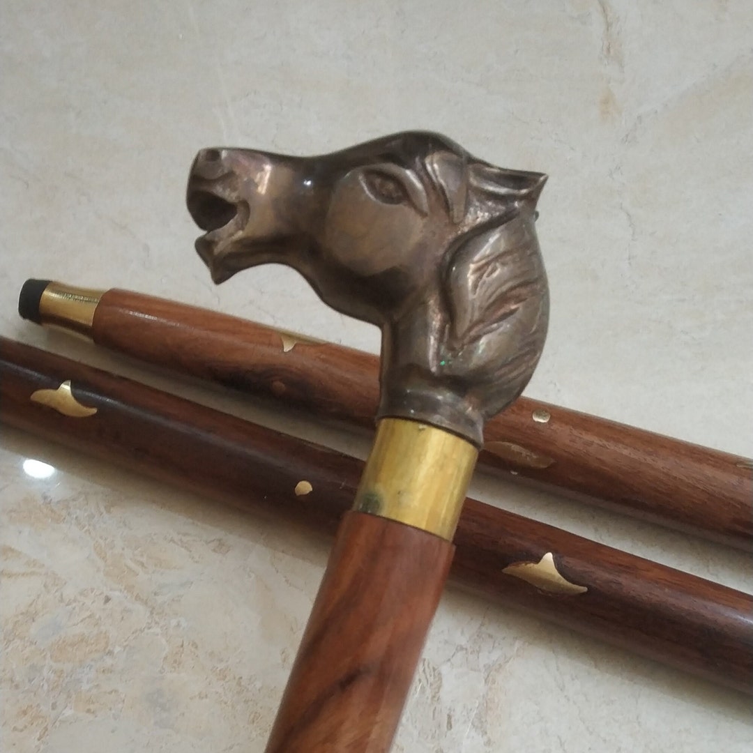 Wooden Walking Cane | Antique Brass Horse Handle | 3 Fold Brown Stick ...
