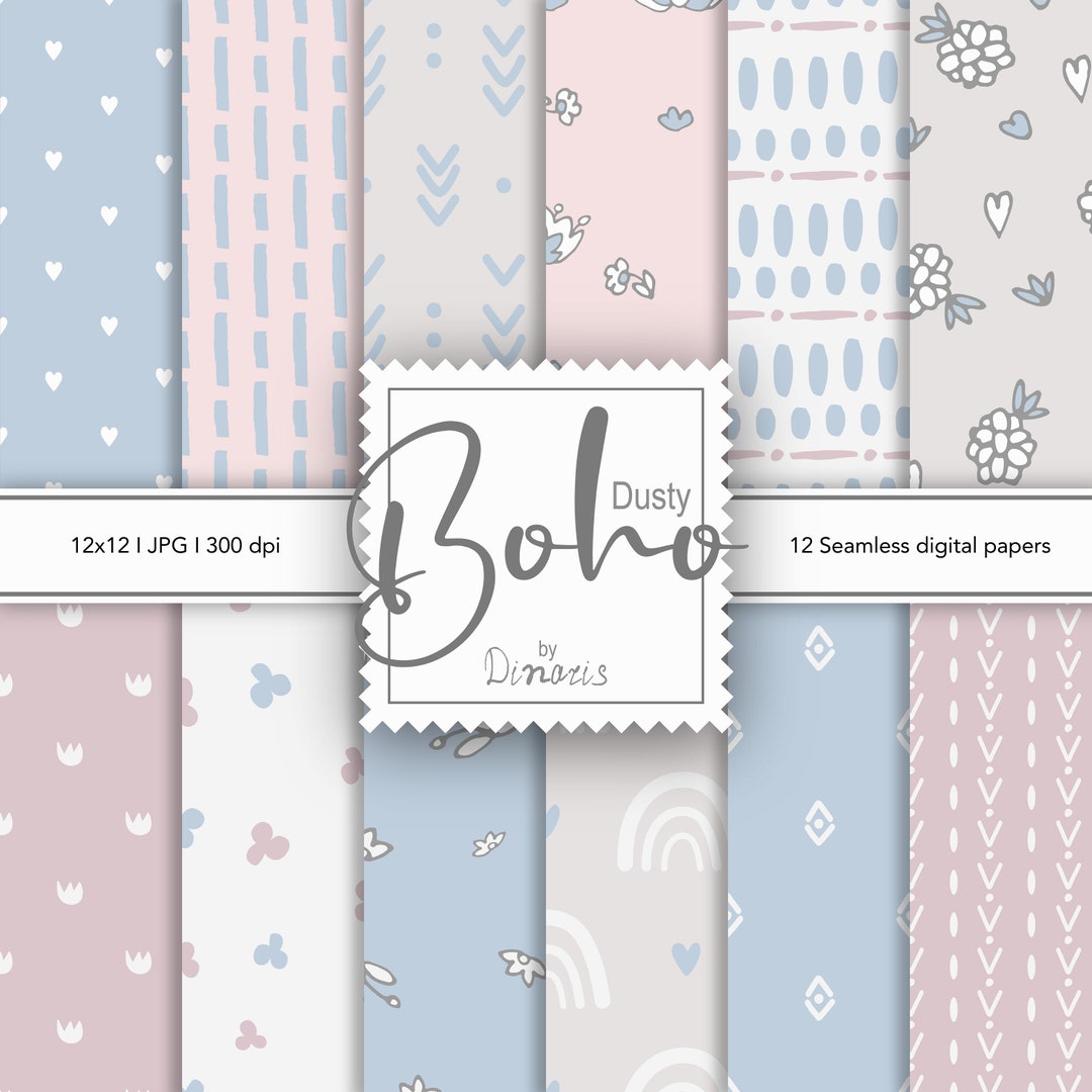 12 Cute Digital Papers, Pink & Blue Boho Scandi Digital Paper Pack ...