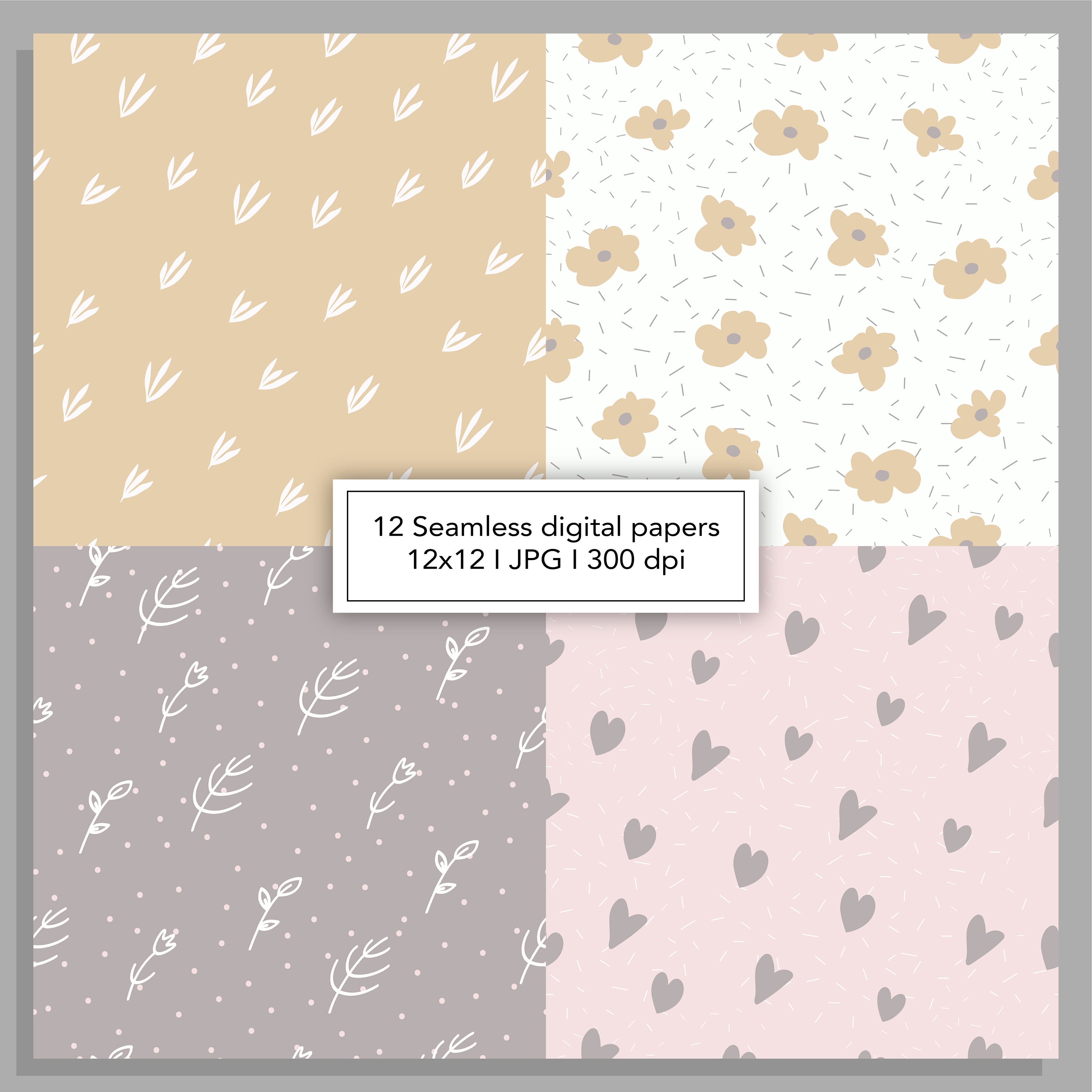 12 Floral Boho Digital Paper Set, Seamless Textures, Flower Patterns ...