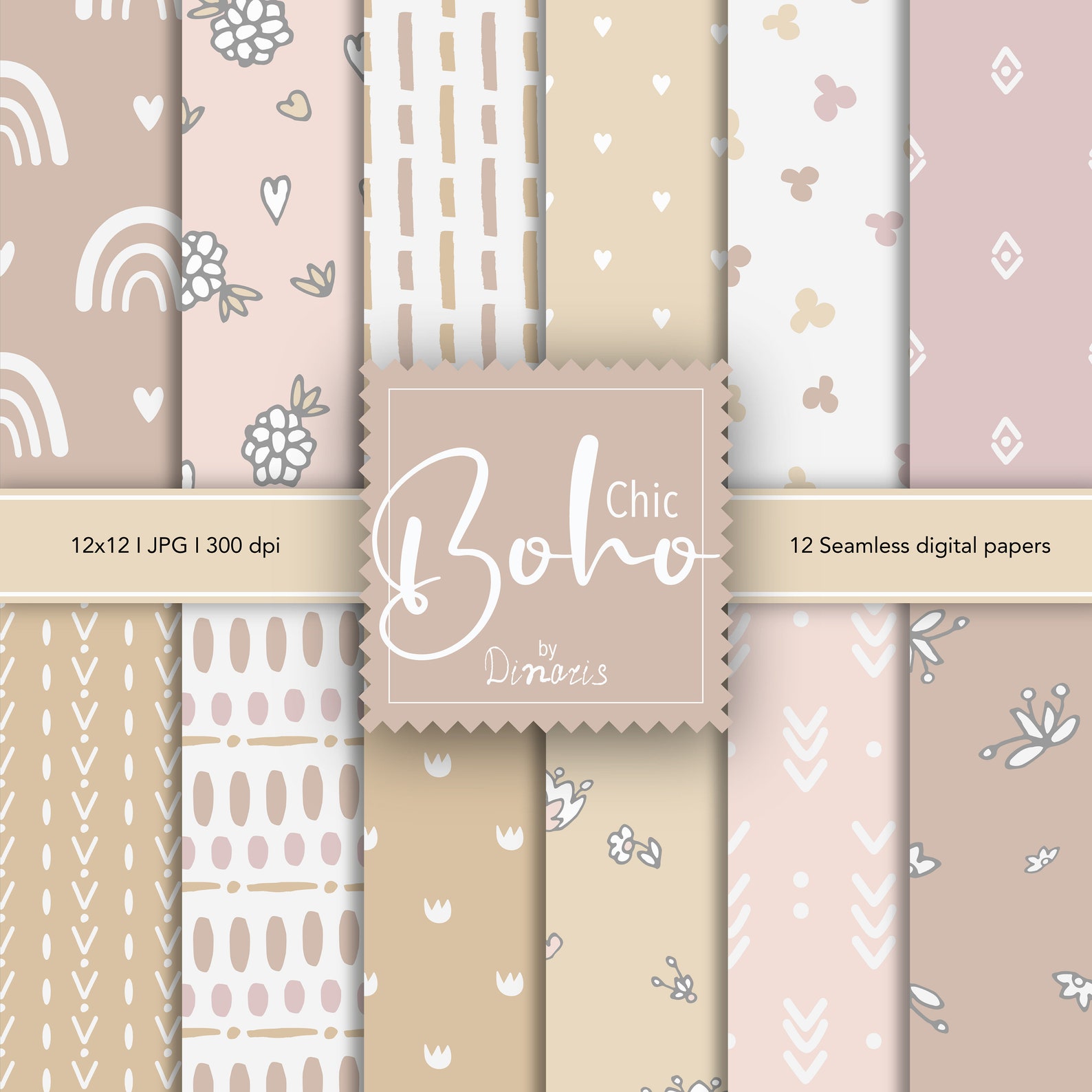 12 Boho Digital Papers, Neutral Boho Digital Paper Set, Neutral Pattern ...