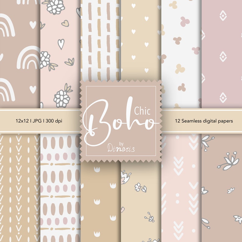 12 Boho Digital Papers, Neutral Boho Digital Paper Set, Neutral Pattern ...