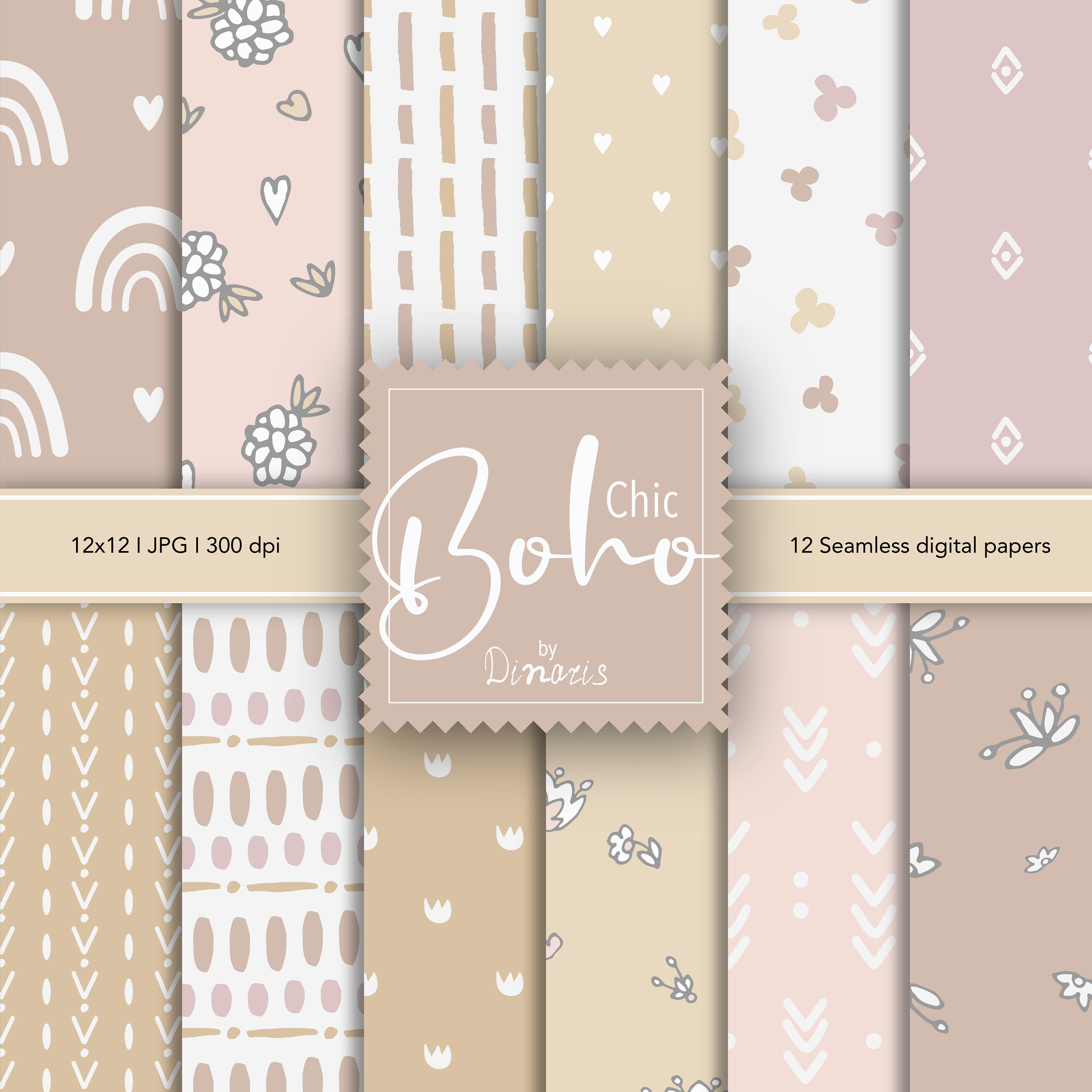 12 Boho Digital Papers, Neutral Boho Digital Paper Set, Neutral Pattern ...