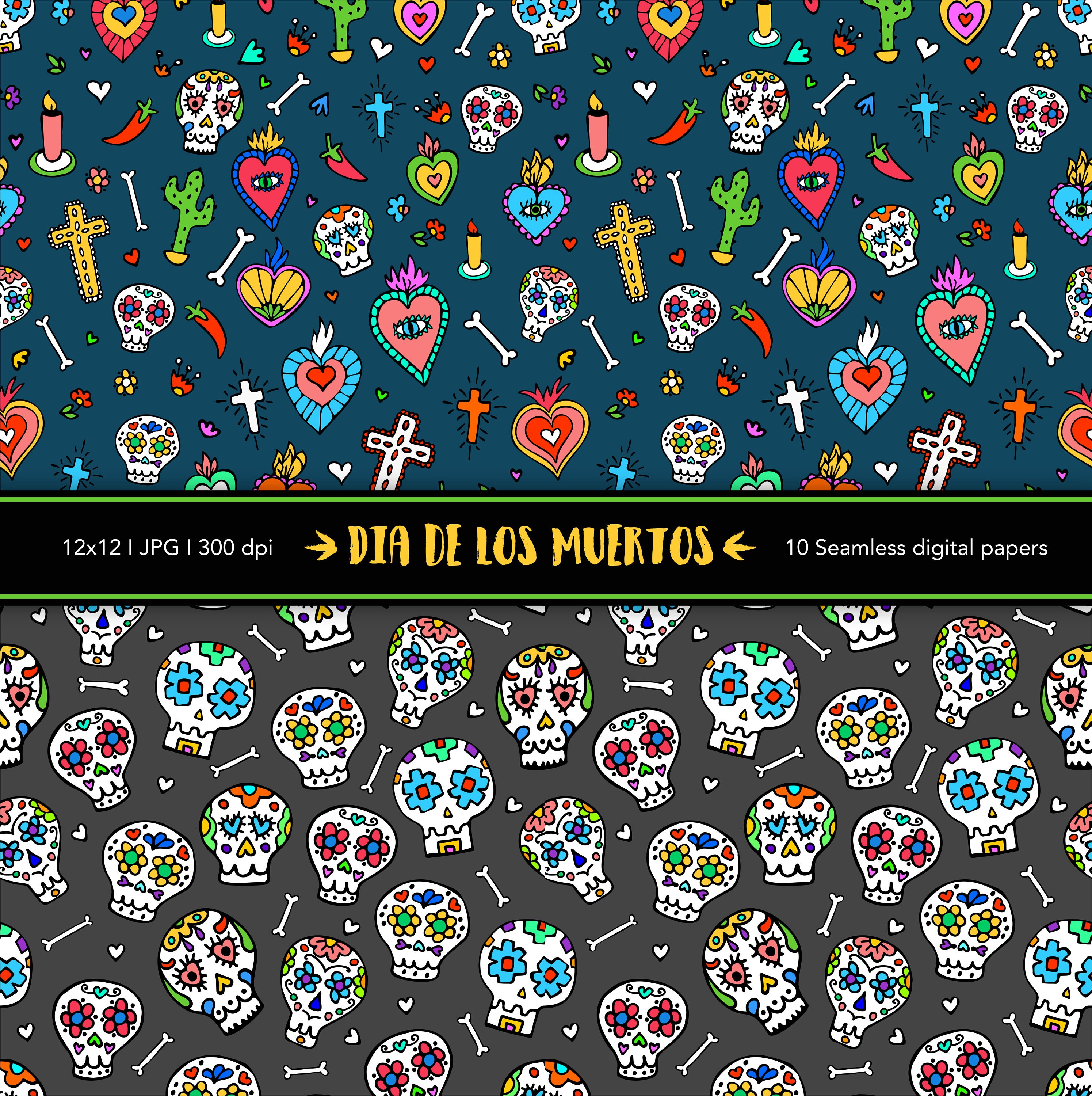 10 Dia De Los Muertos Digital Papers Set, Day of Dead Print, Halloween ...