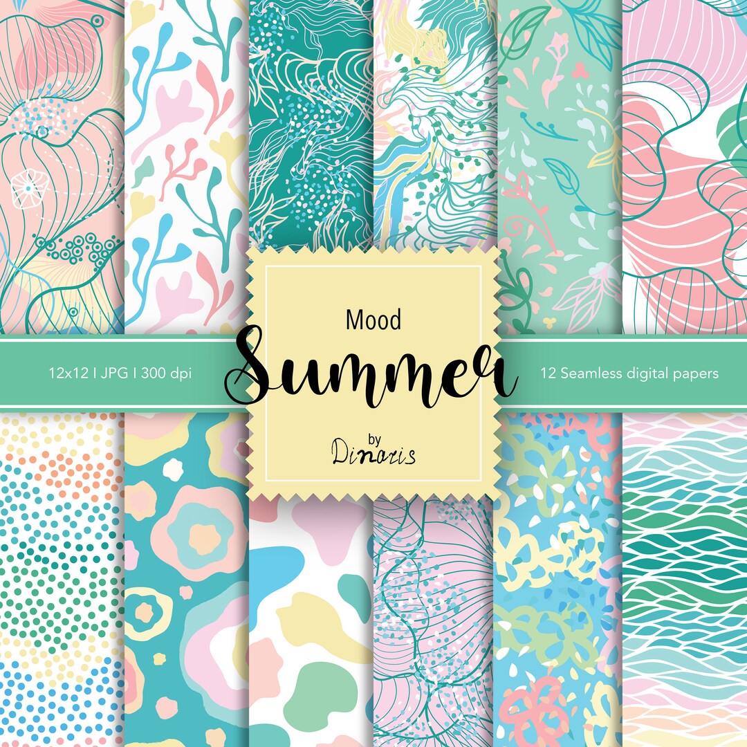 12 Summer Mood Digital Paper Pack, Beach Print, Colorful Summer Pattern ...