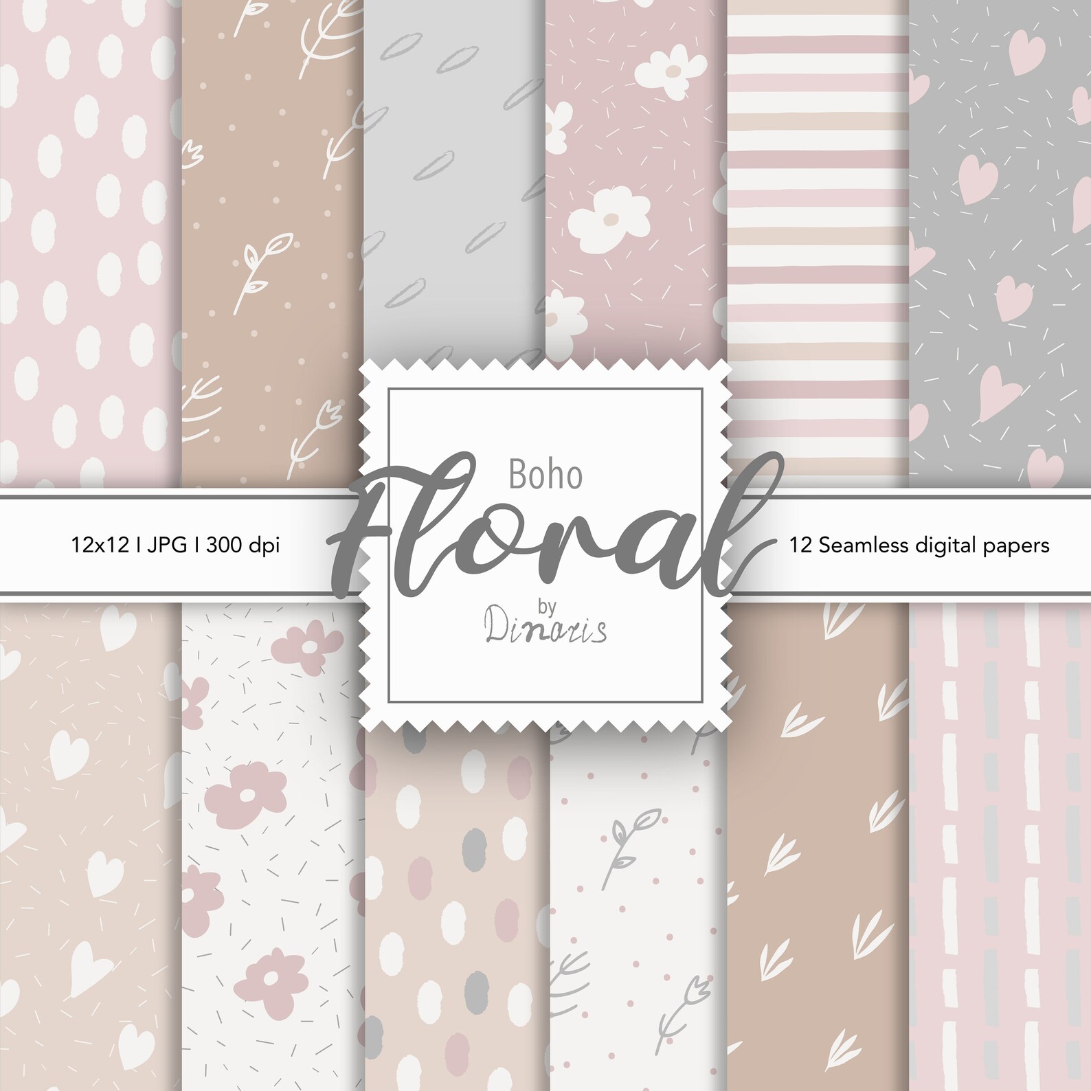 12 Floral Boho Digital Paper Set, Seamless Textures, Flower Patterns ...