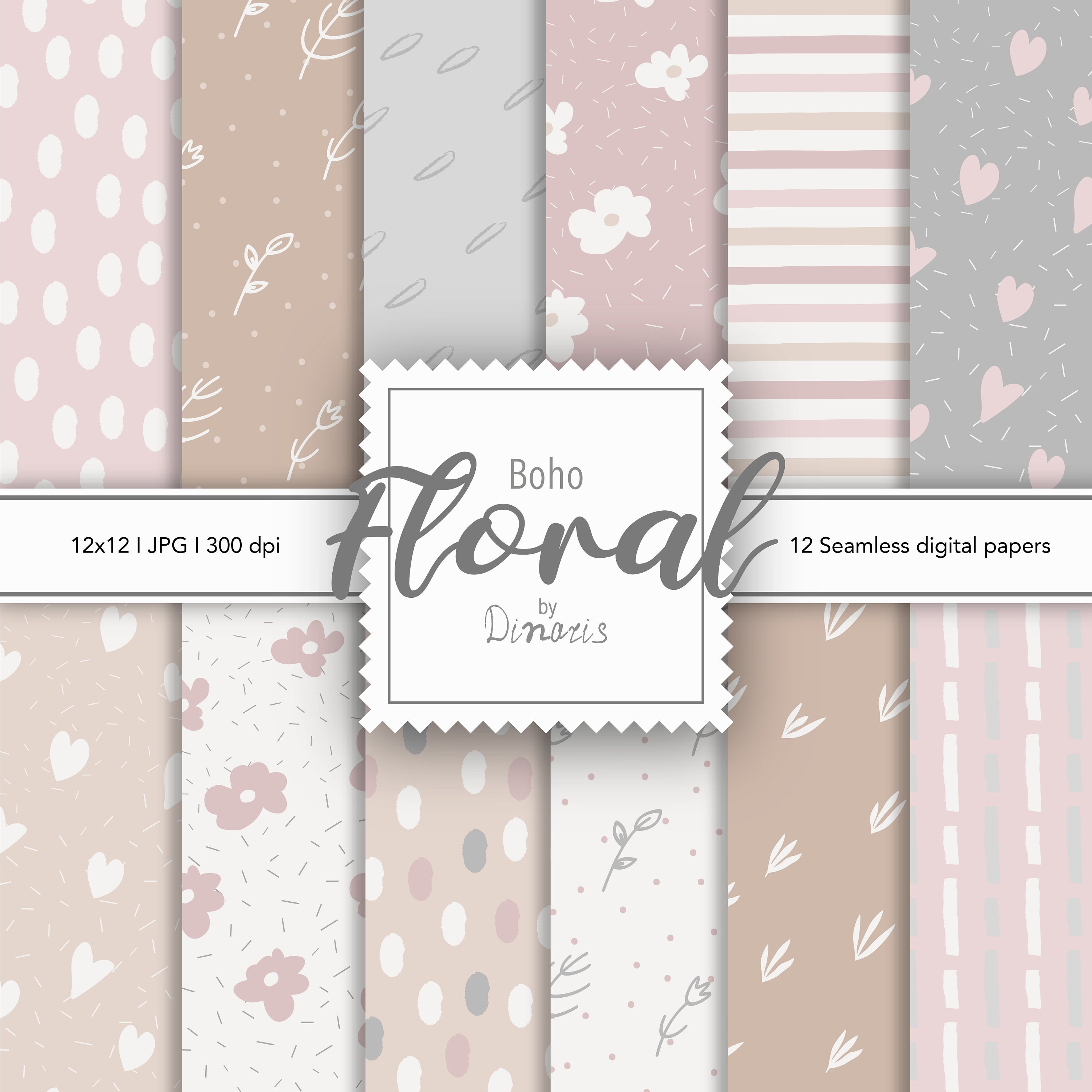 12 Floral Boho Digital Paper Set, Seamless Textures, Flower Patterns ...