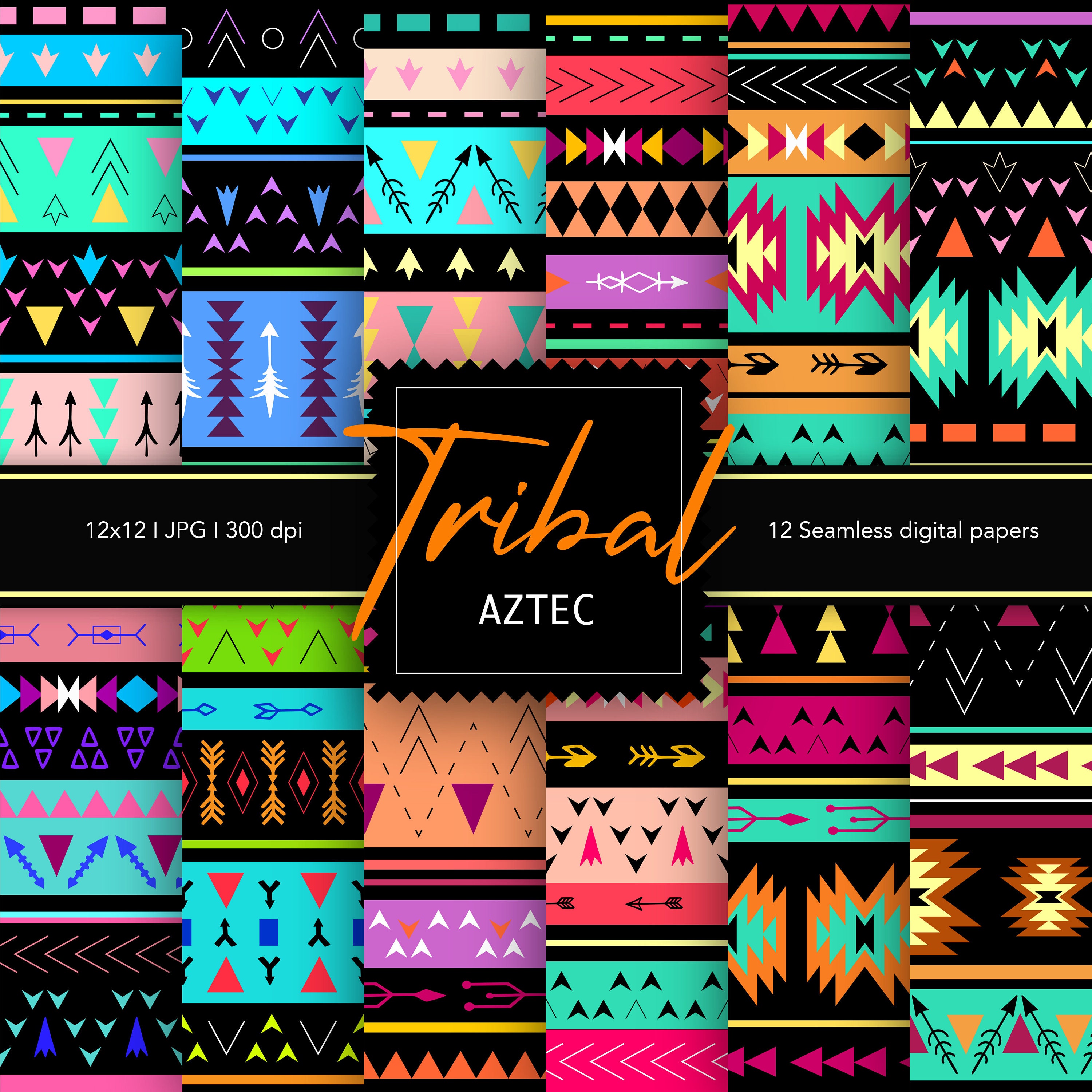 12 Aztec Tribal Ethnic Digital Pattern, JPEG, Native Digital Paper Pack ...