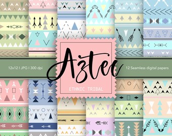 Boho Digital Paper Pack I Mint, Coral and Gold Foil Aztec Tribal ...