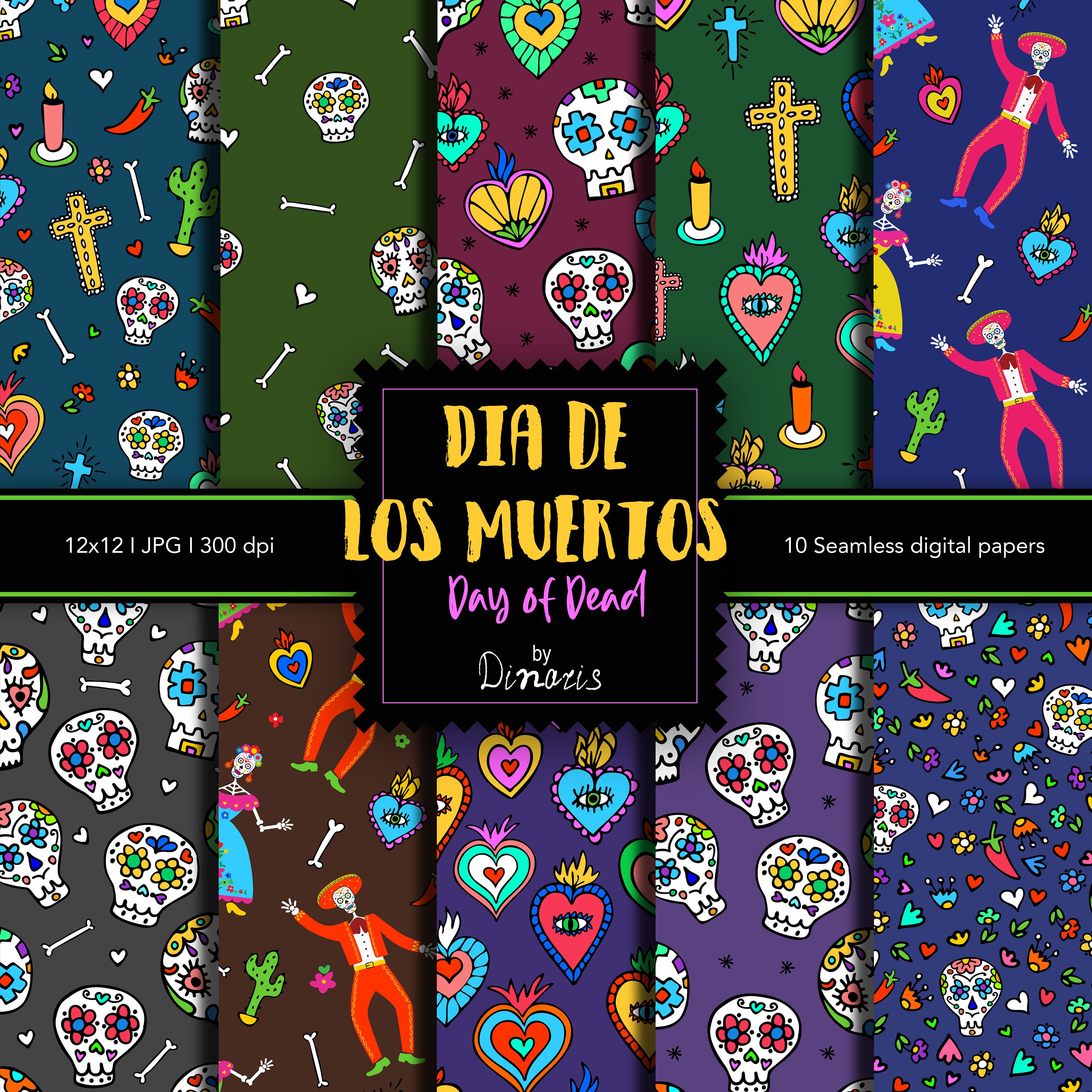 10 Dia De Los Muertos Digital Papers Set, Day of Dead Print, Halloween ...