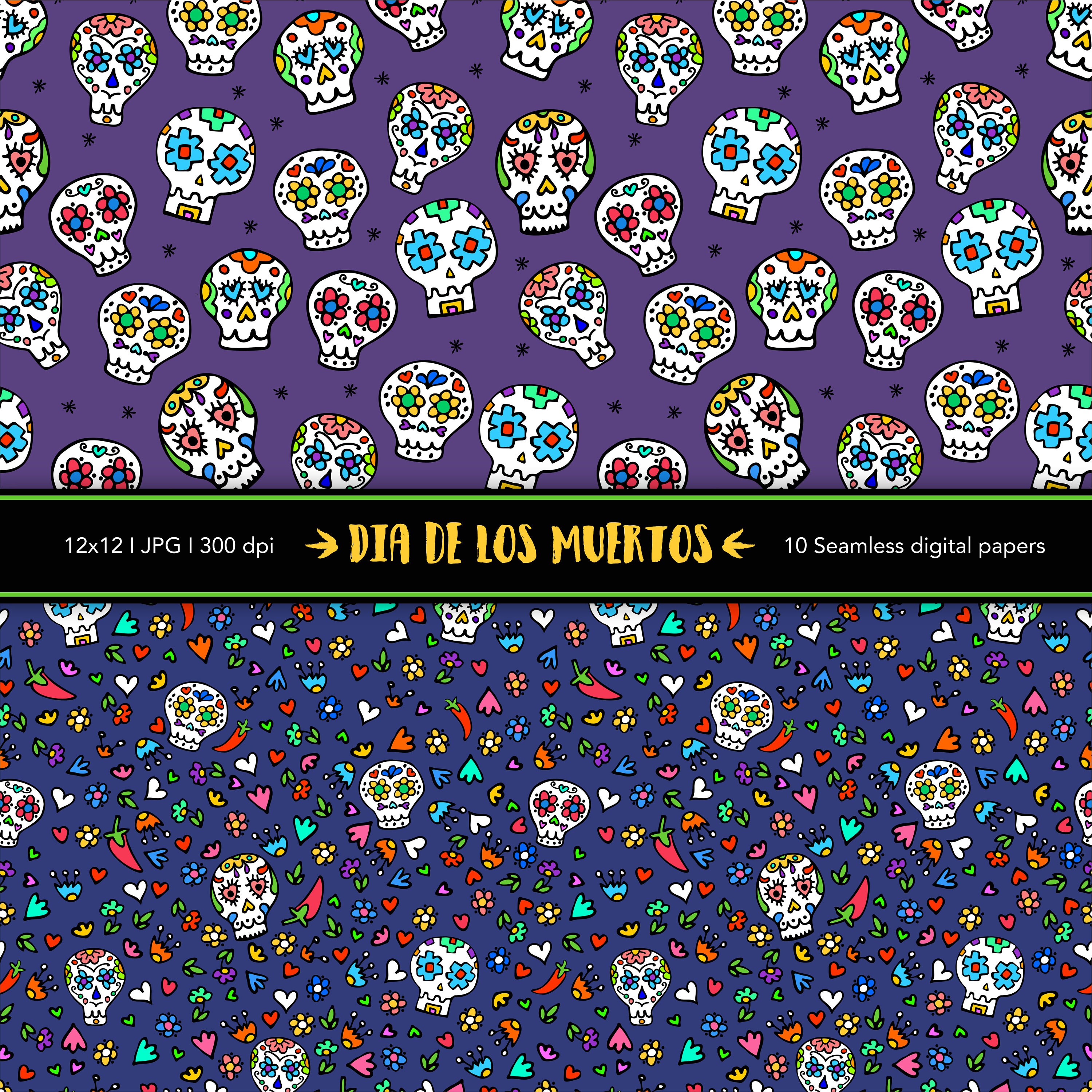 10 Dia De Los Muertos Digital Papers Set, Day of Dead Print, Halloween ...