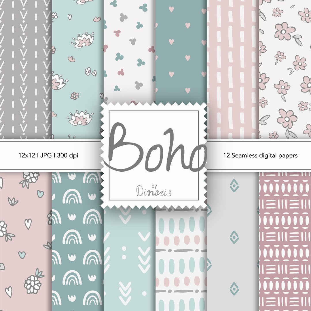 12 Boho Digital Papers, Dusty Blue, Pink Boho Digital Paper Pack ...