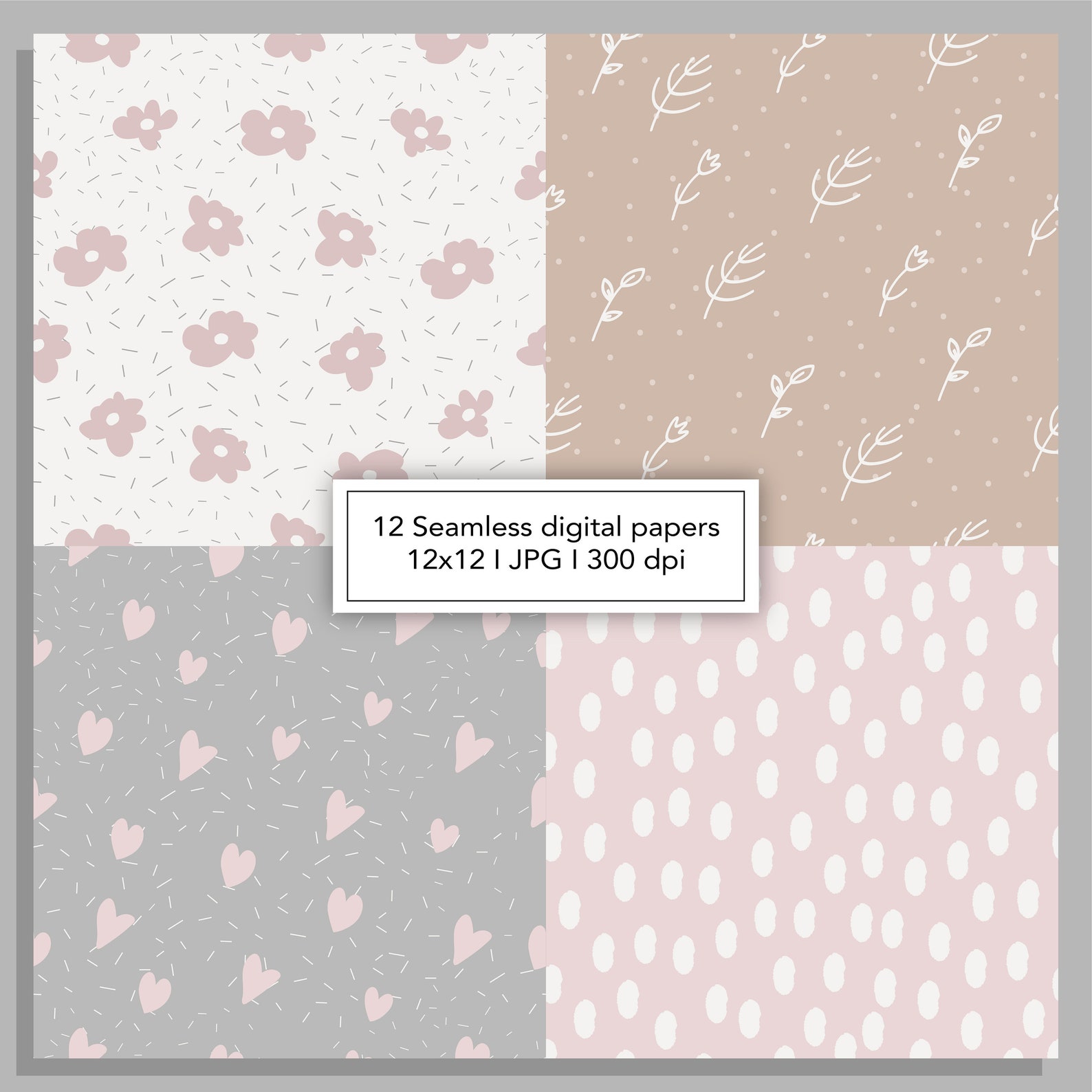 12 Floral Boho Digital Paper Set, Seamless Textures, Flower Patterns ...