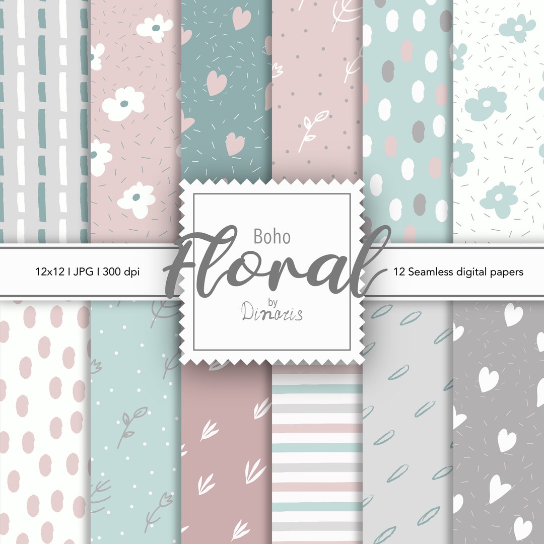 12 Floral Boho Digital Paper Set, Seamless Textures, Flower Patterns ...