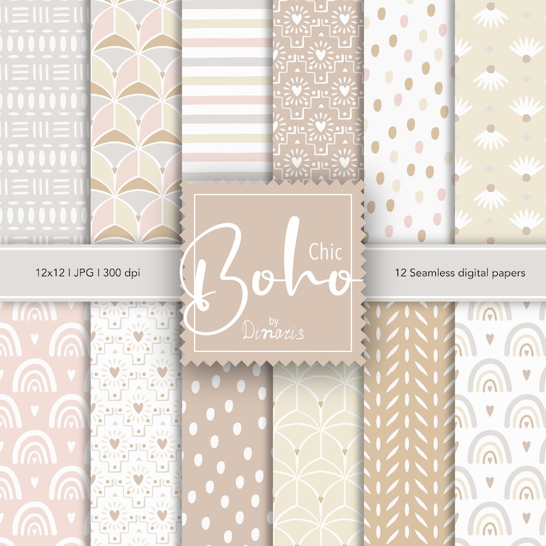 12 Boho Digital Papers, Neutral Boho Chic Digital Paper Pack, Neutral ...