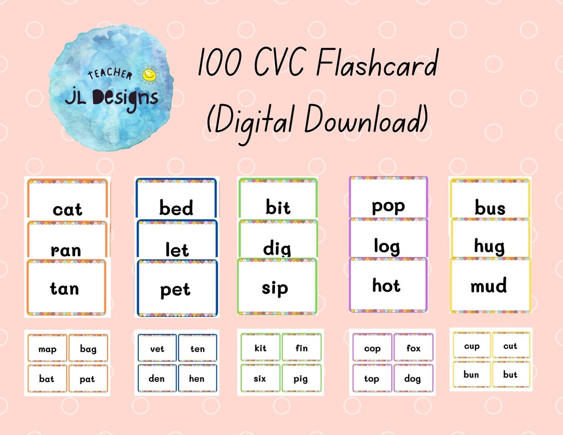 100 CVC Words Flash Cards Printable, CVC Word Flashcards, Kindergarten ...