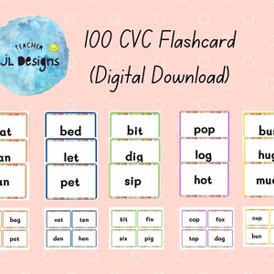 100 CVC Words Flash Cards Printable, CVC Word Flashcards, Kindergarten ...