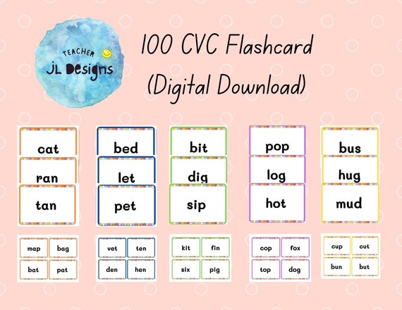 100 CVC Words Flash Cards Printable CVC Word Flashcards - Etsy
