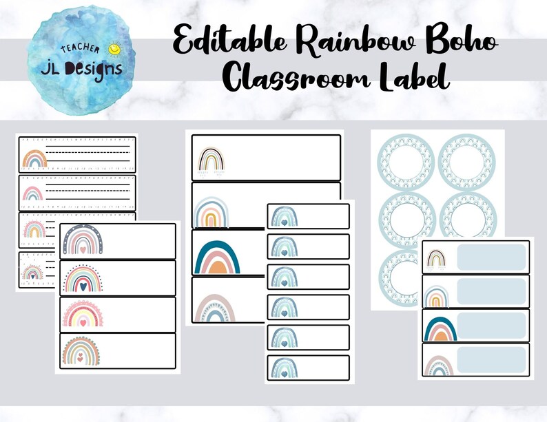 Editable Blue Boho Rainbow Classroom Label, Canva Name Plate, Digital ...