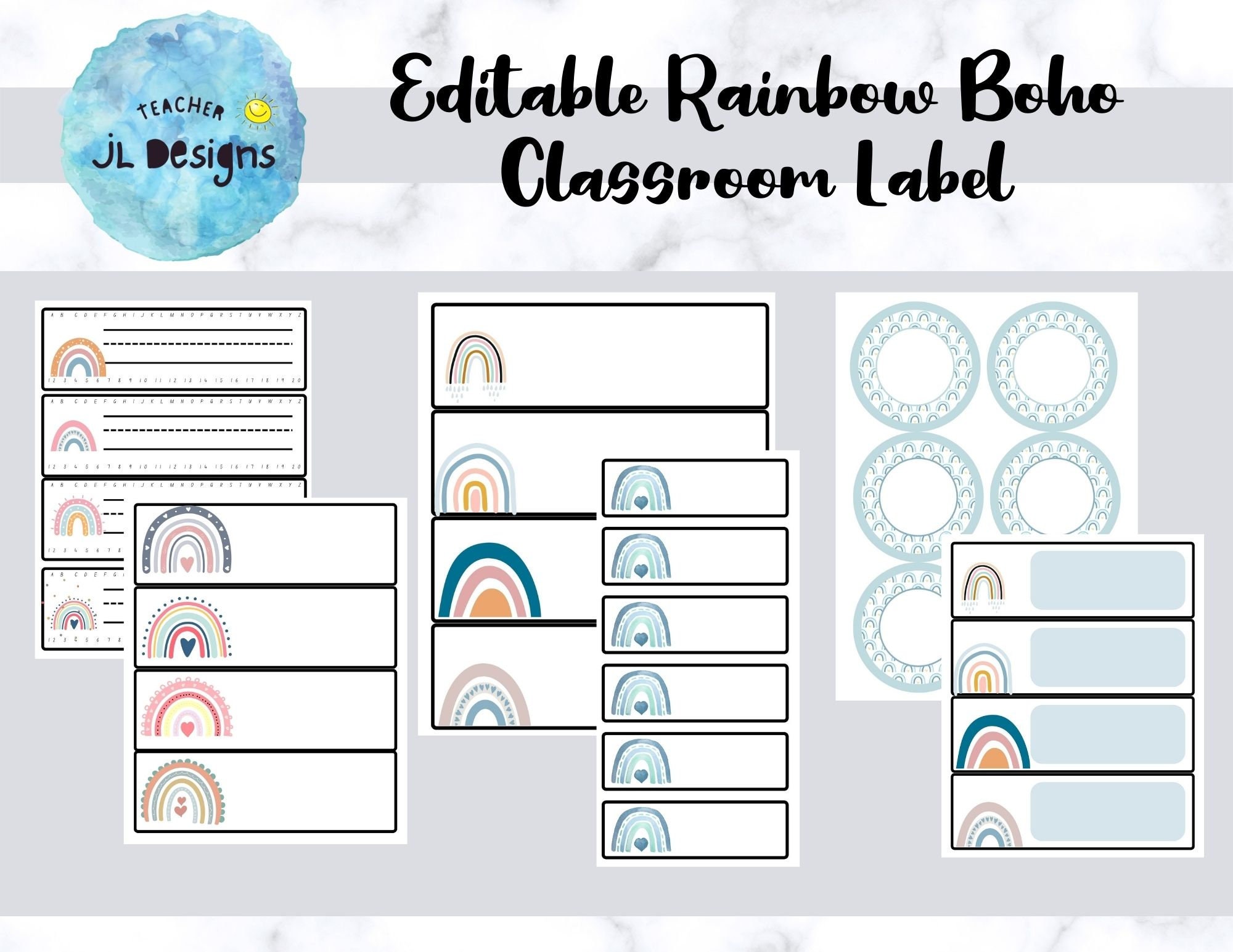 Editable Blue Boho Rainbow Classroom Label, Canva Name Plate, Digital ...