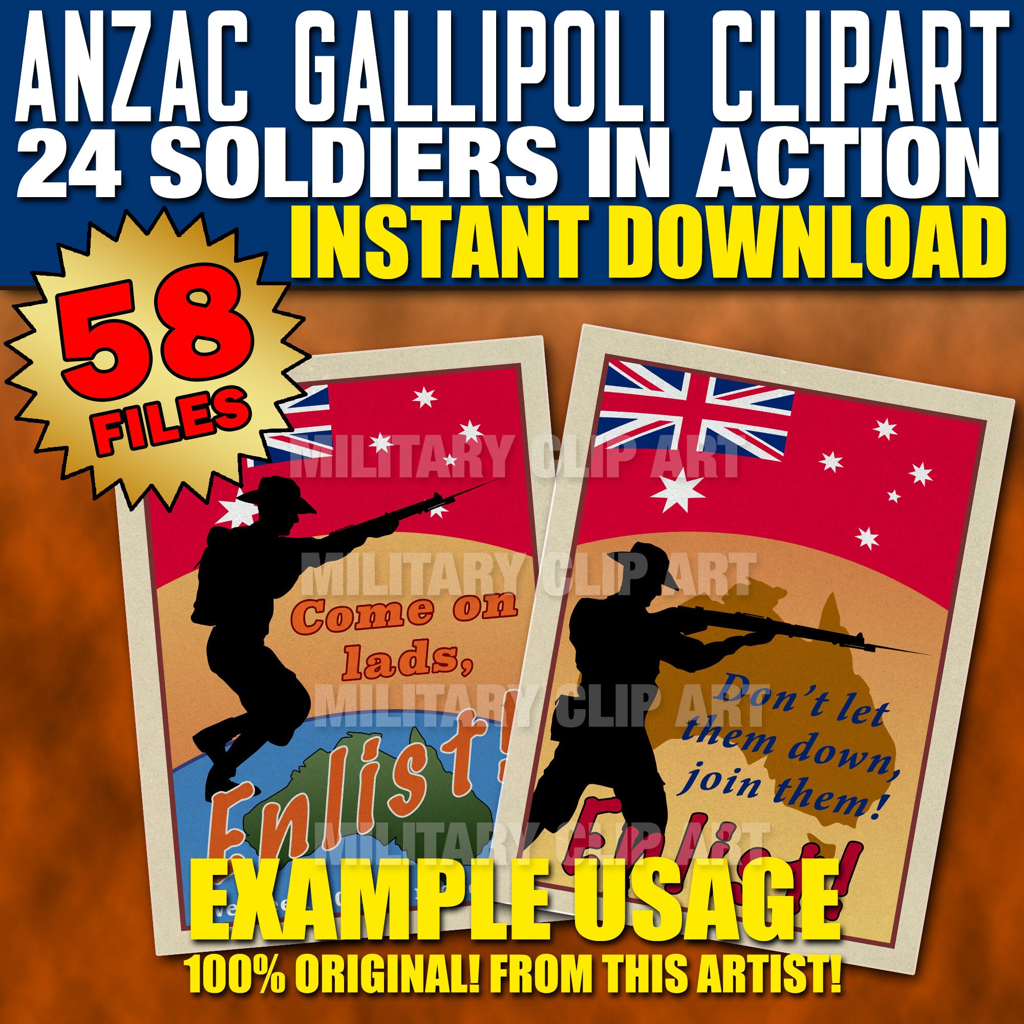 Anzac Gallipoli Soldiers in Action Clipart Pack - Silhouette SVG, PNG ...