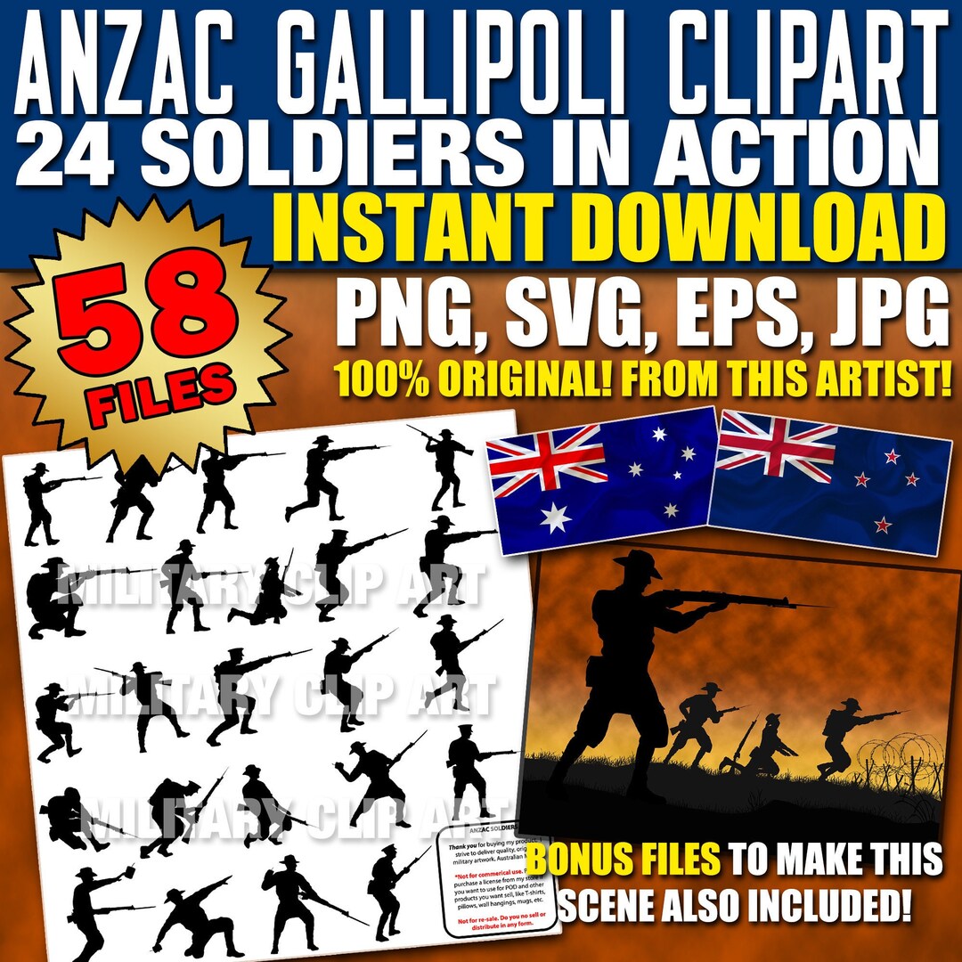 Anzac Gallipoli Soldiers in Action Clipart Pack - Silhouette SVG, PNG ...