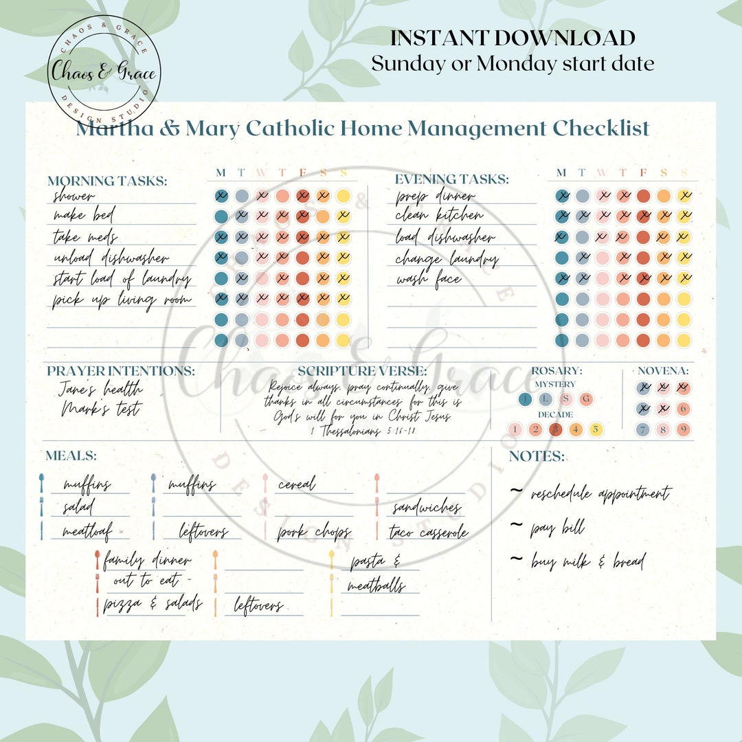 Catholic Home Management Planner, Simple One Page Planner Printable ...